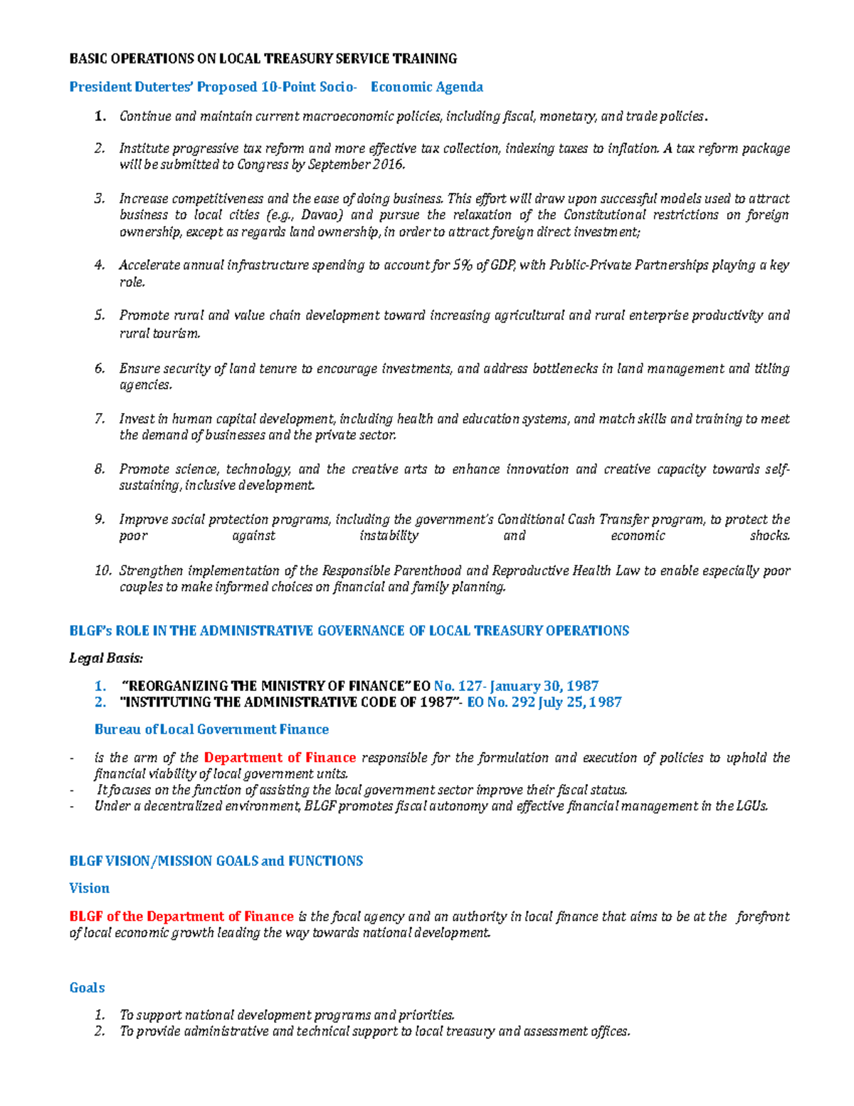 1-10 Point Socio Economic - BASIC OPERATIONS ON LOCAL TREASURY SERVICE ...