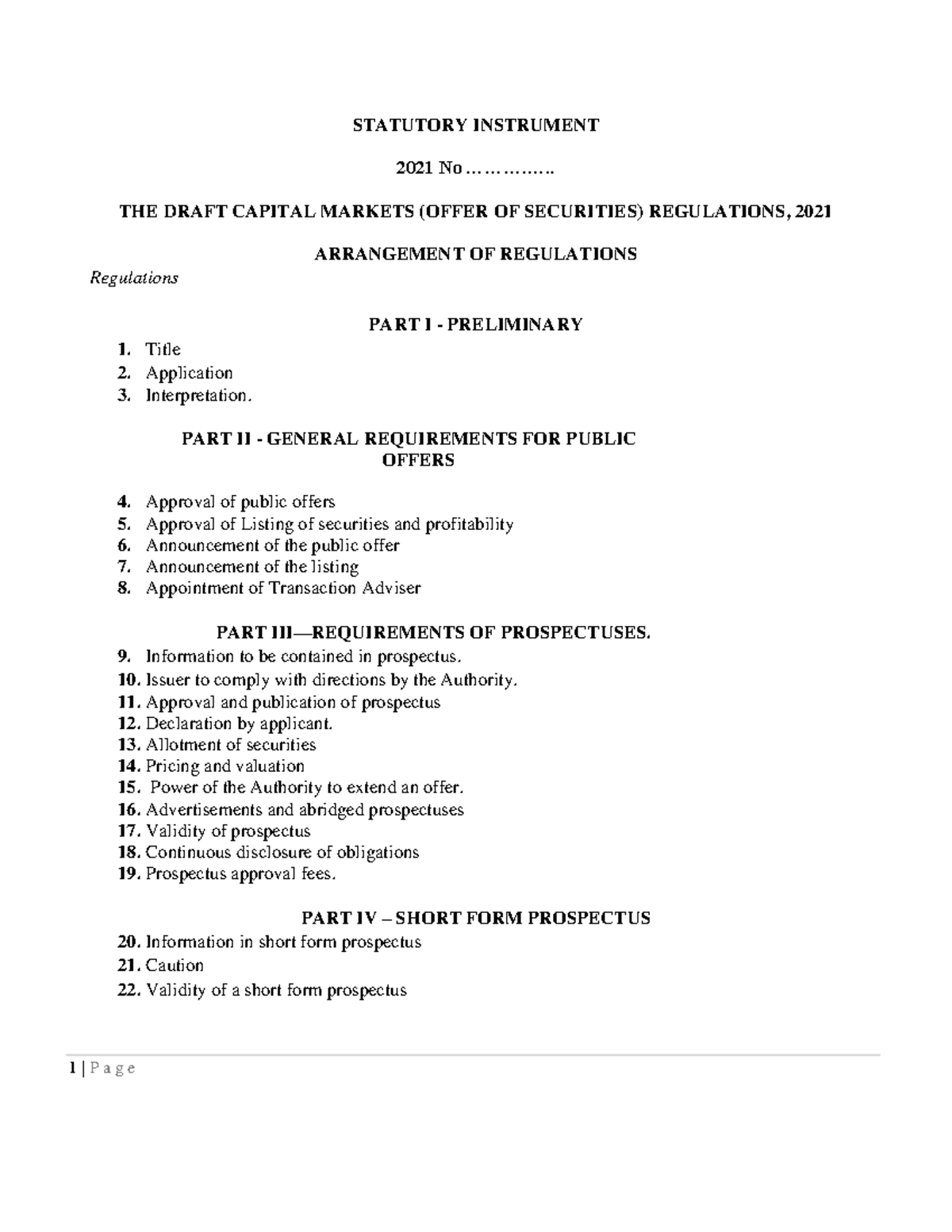 The Draft Capital Markets Offer of Securities Regulations 2021 ...