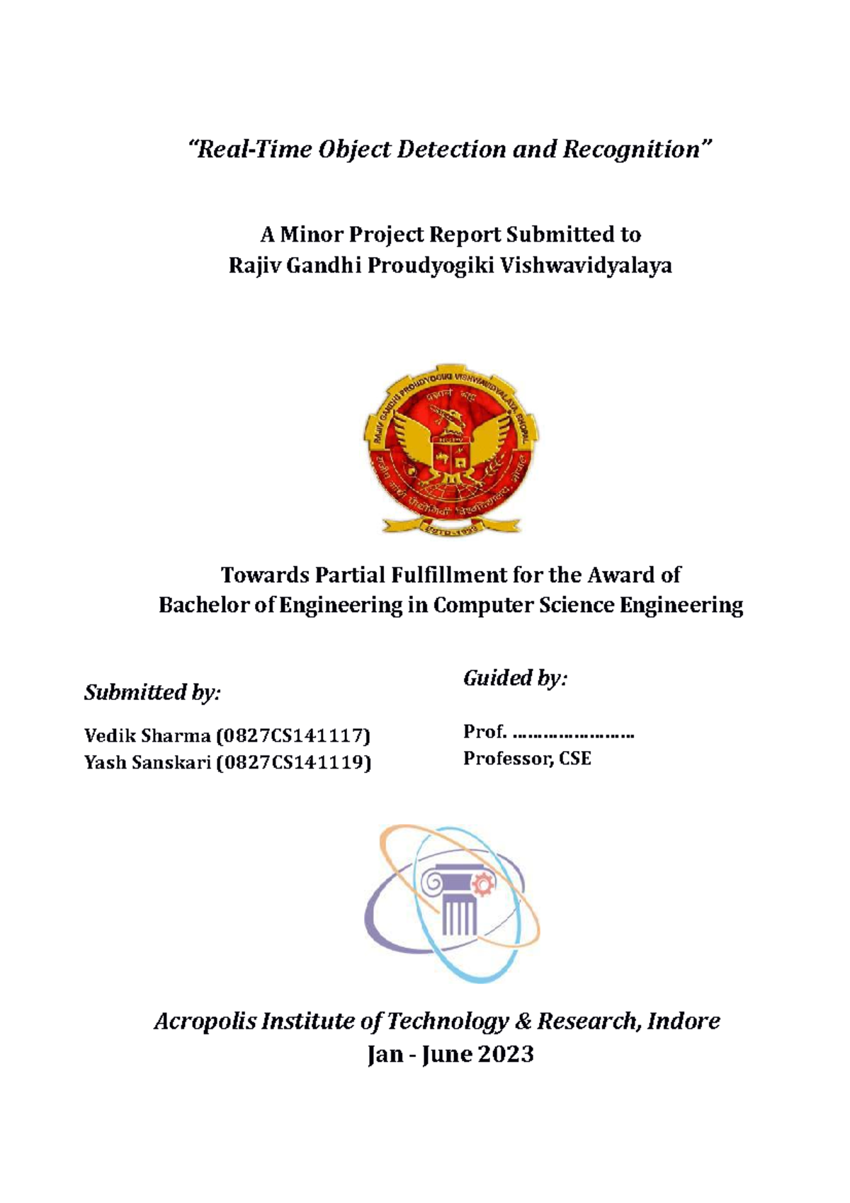 Sample minor project report Jan-June 23 - “Real-Time Object Detection and Recognition” A Minor ...