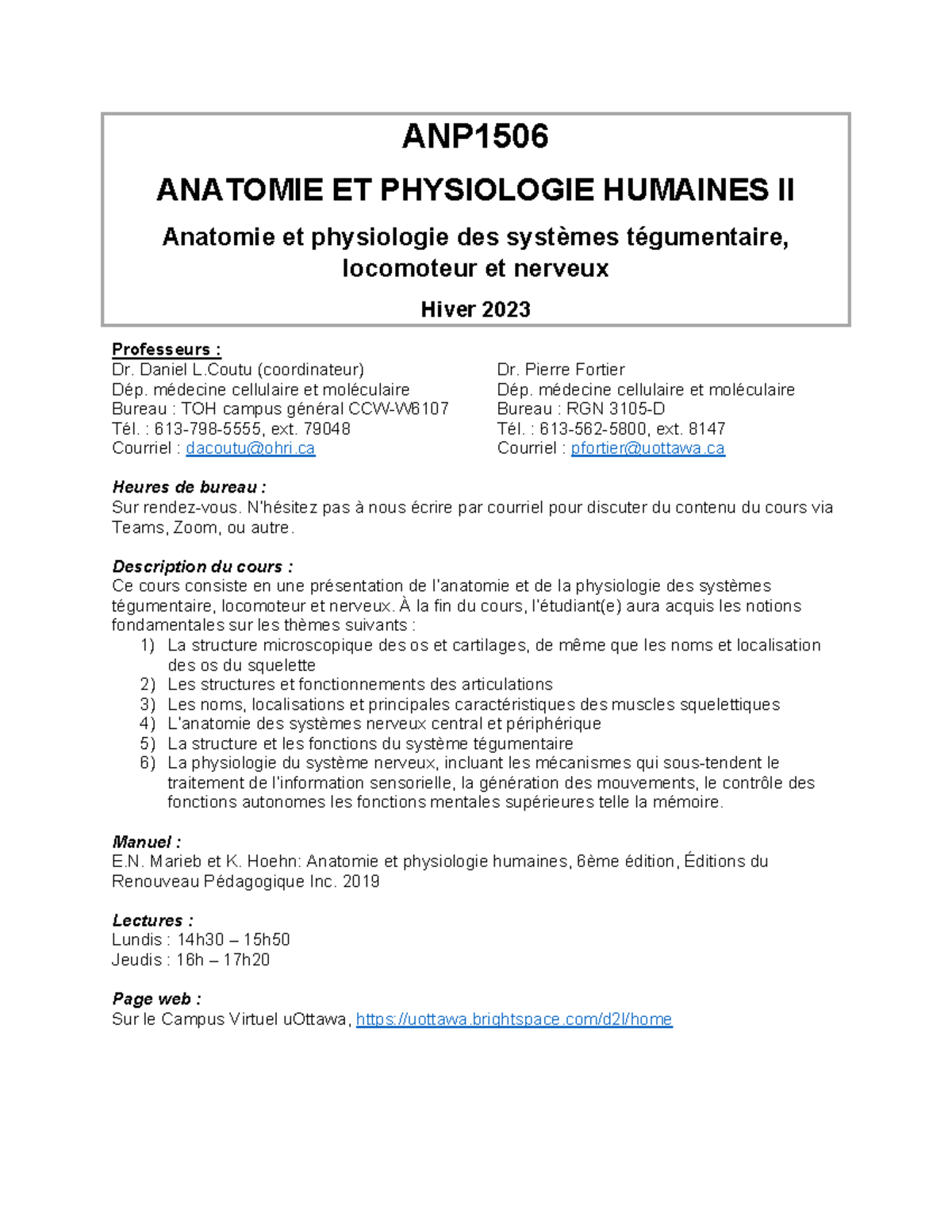 ANP1506 b plan de cours 2023 - ANP ANATOMIE ET PHYSIOLOGIE HUMAINES II Anatomie et physiologie ...