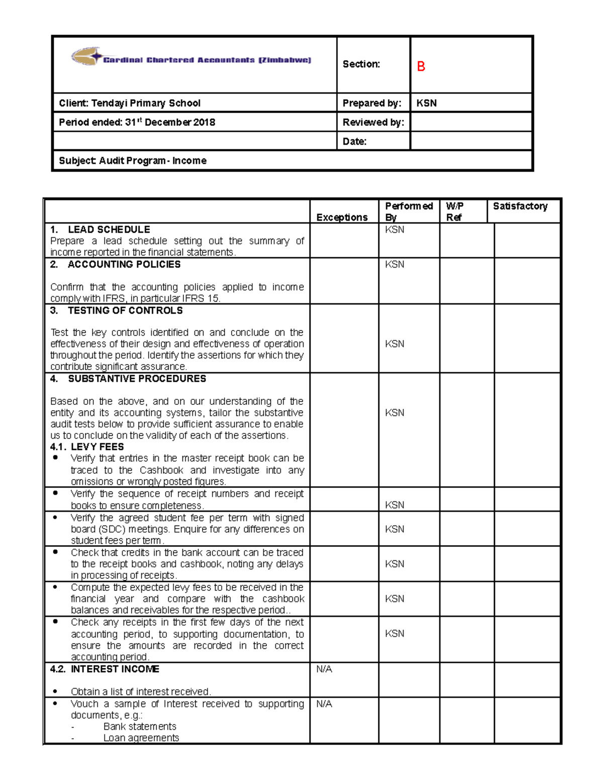 Income program-Audit Programs. Income program-Audit Programs - Section ...