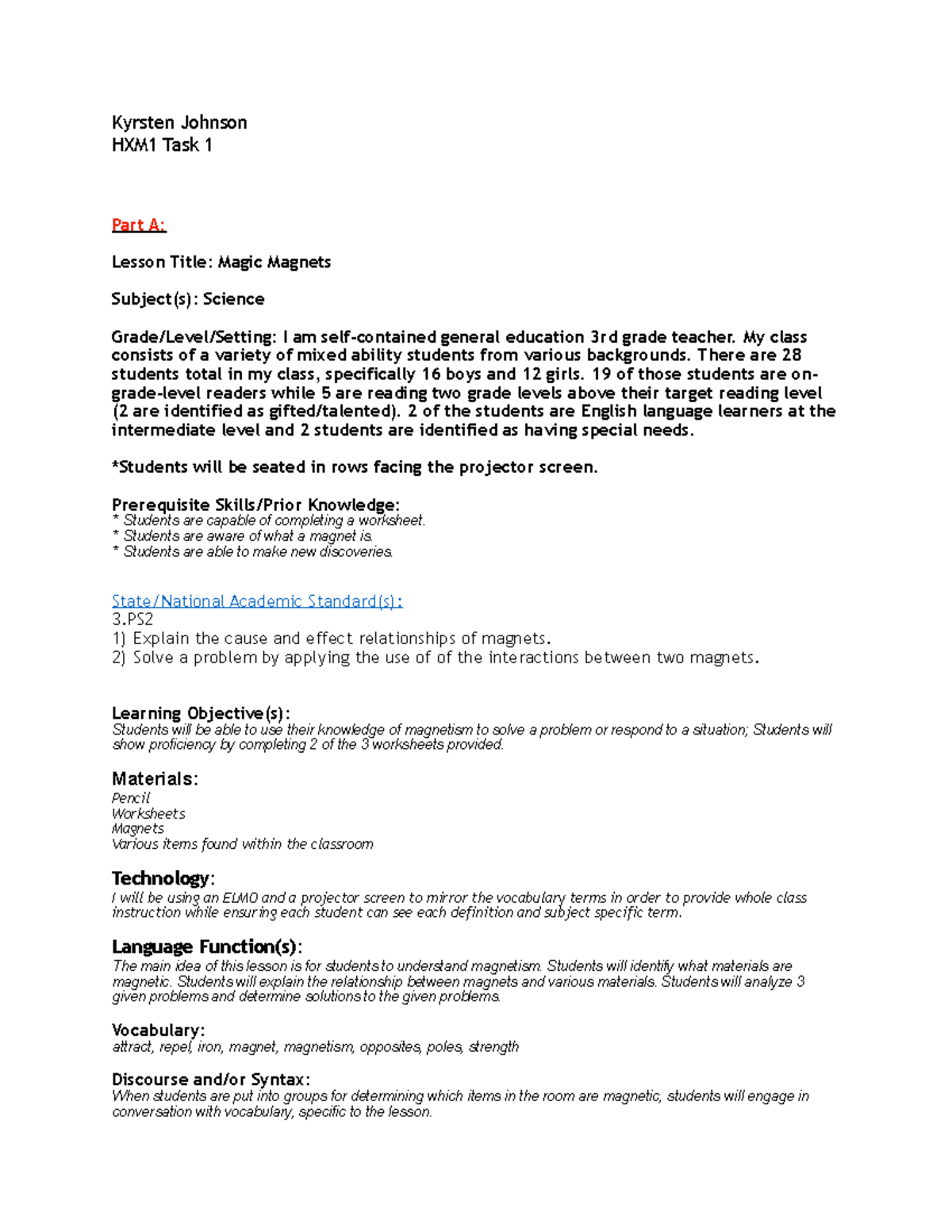 HXM1 Task 1 pdf - lesson plan - Kyrsten Johnson HXM1 Task 1 Part A ...