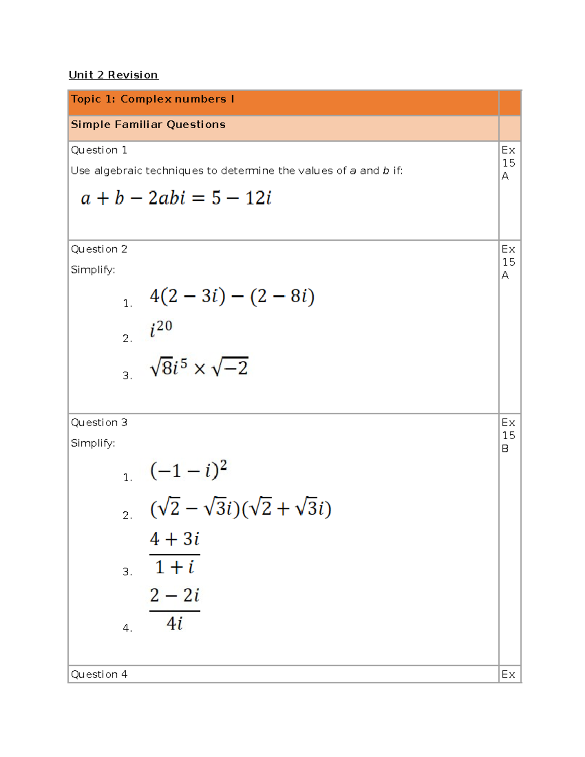 Unit 2 Revision - Unit 2 Revision Topic 1: Complex numbers I Simple ...