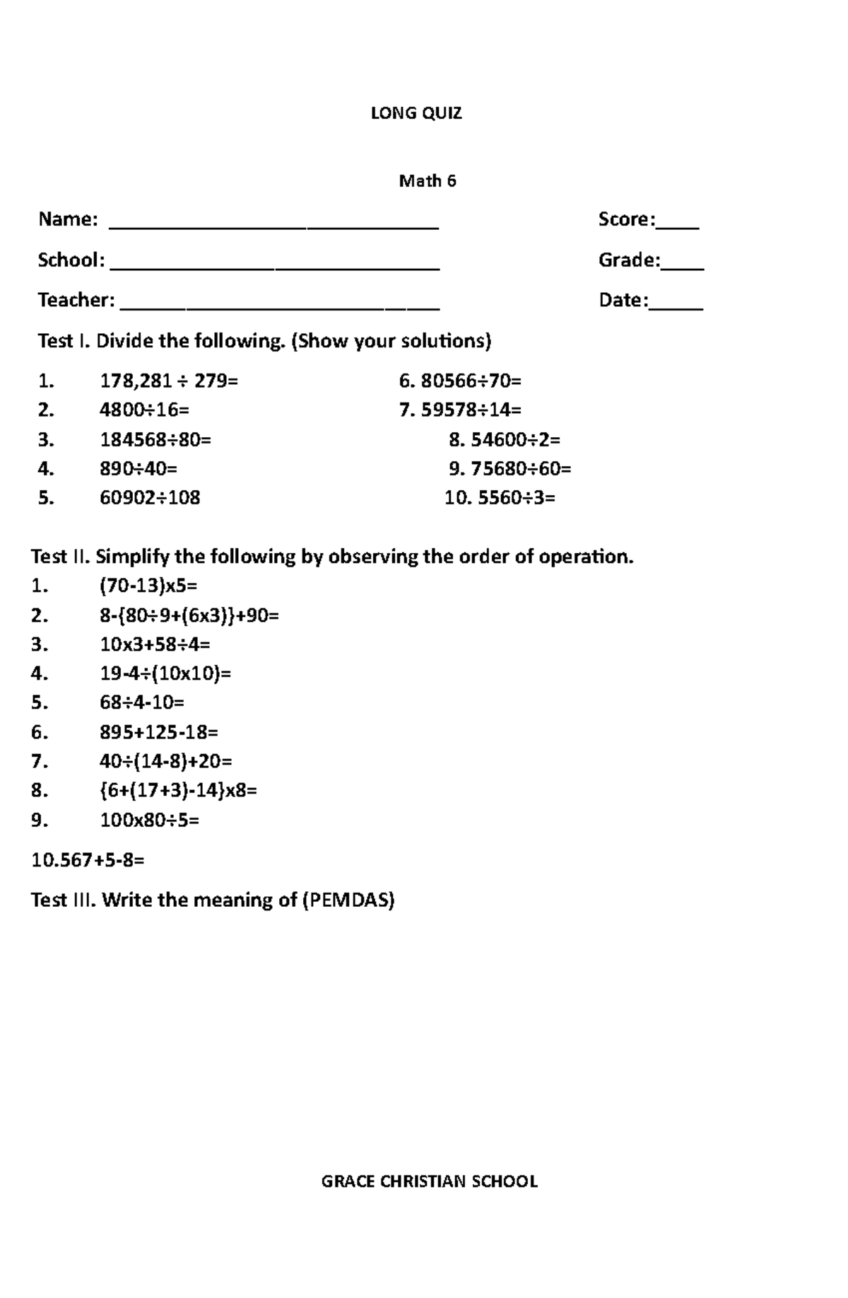 4th long quiz - tutorial - LONG QUIZ Math 6 Name ...