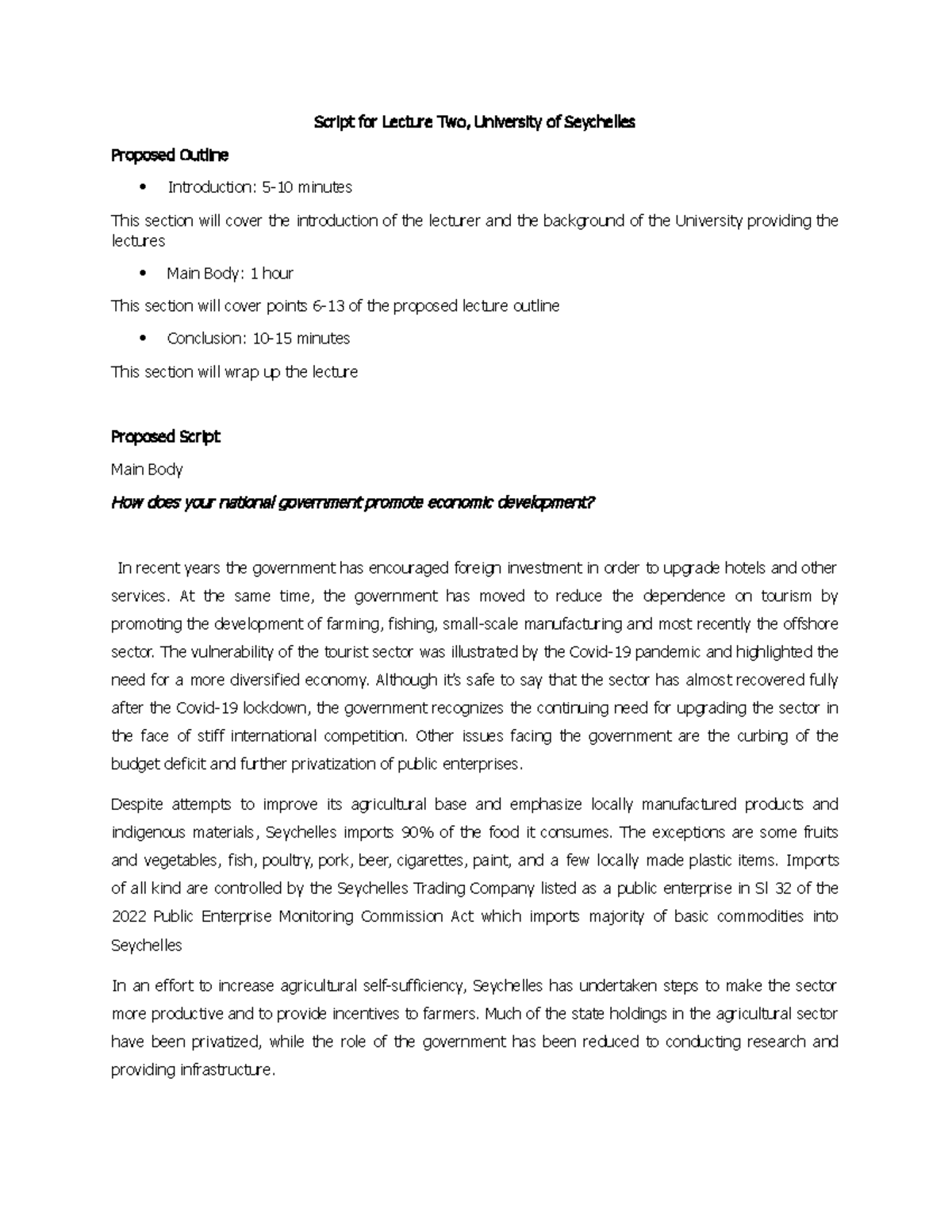 Script for Lecture 2- Final - Script for Lecture Two, University of Seychelles Proposed Outline ...