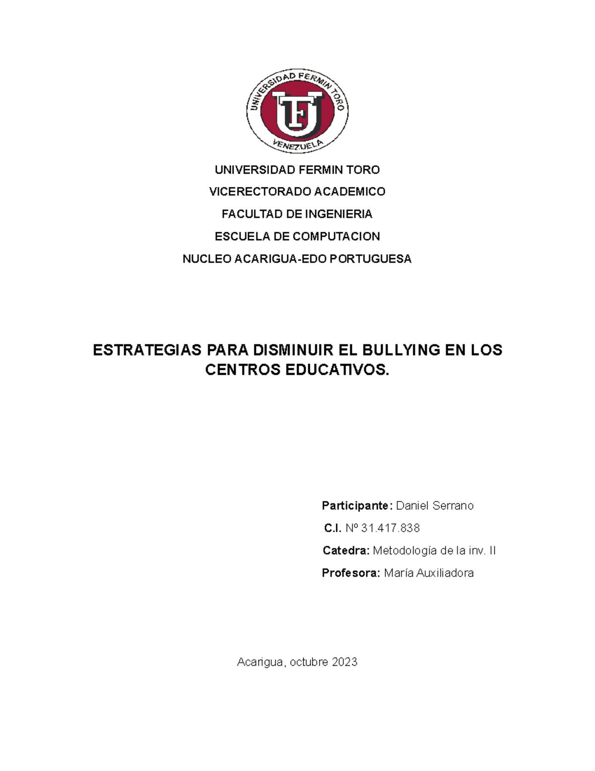 Anteproyecto - UNIVERSIDAD FERMIN TORO VICERECTORADO ACADEMICO FACULTAD ...