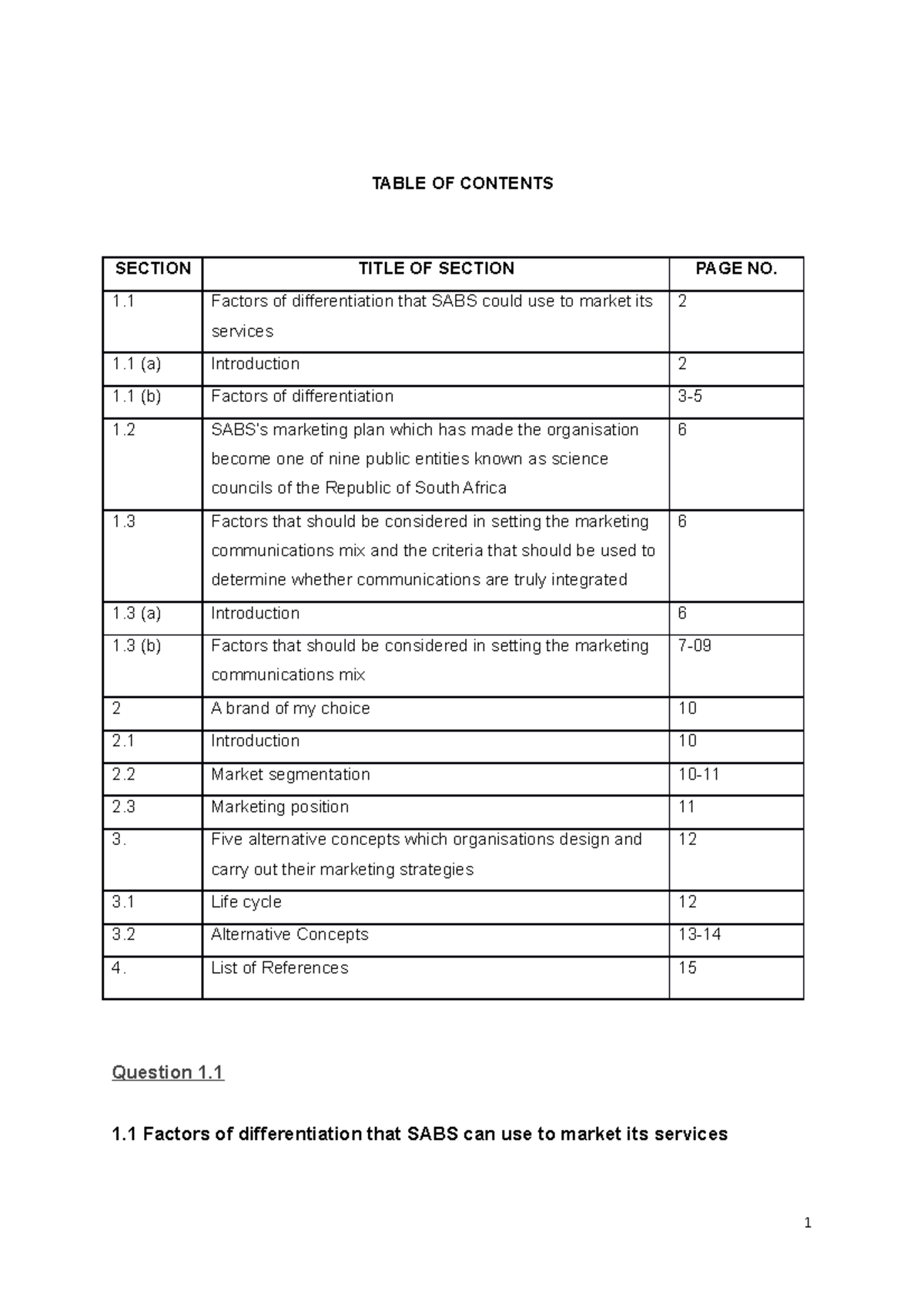 Marketing Management Assignment 1 2019 - TABLE OF CONTENTS SECTION ...