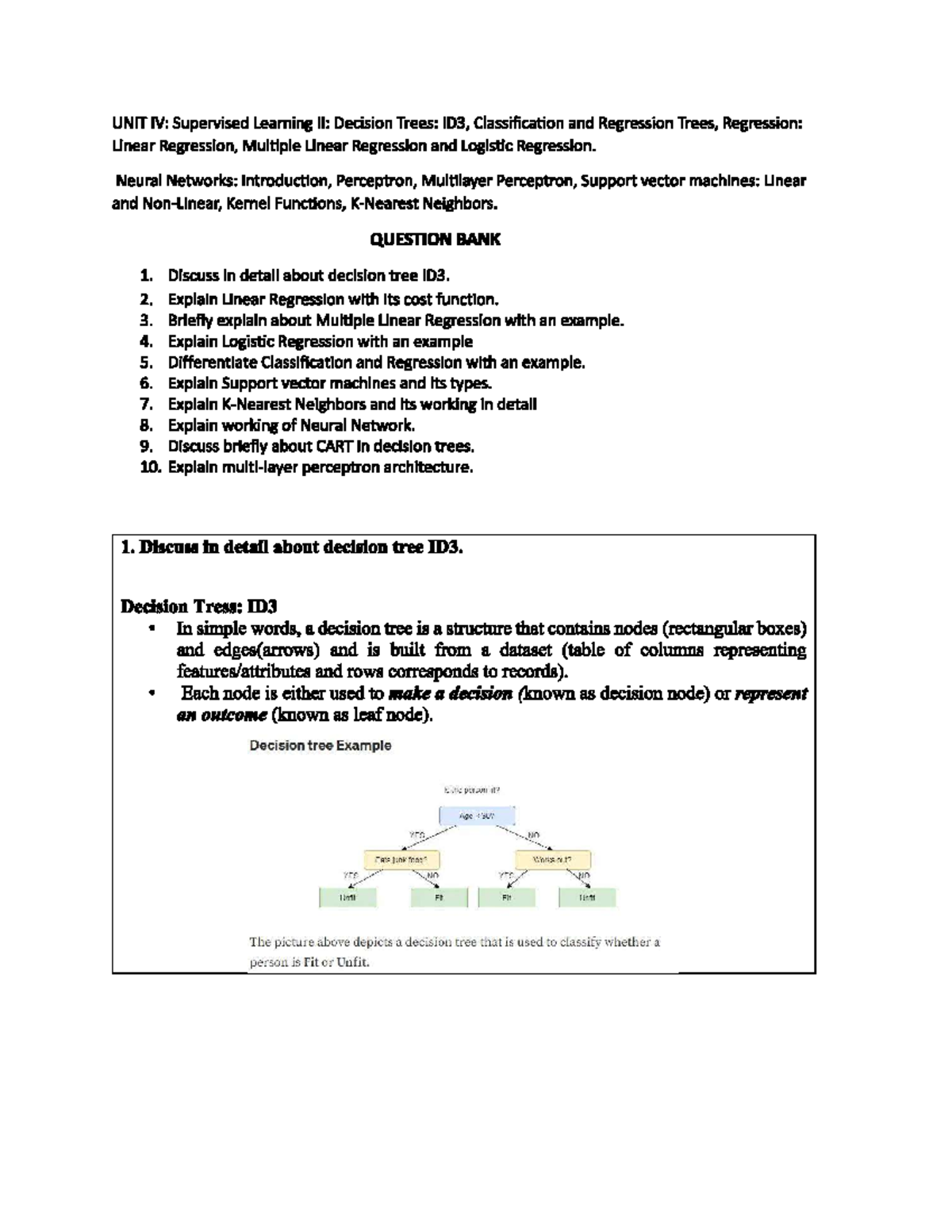 UNIT 4 QB Notes - good - UNIT IV: Supervised Learning II: Decision ...