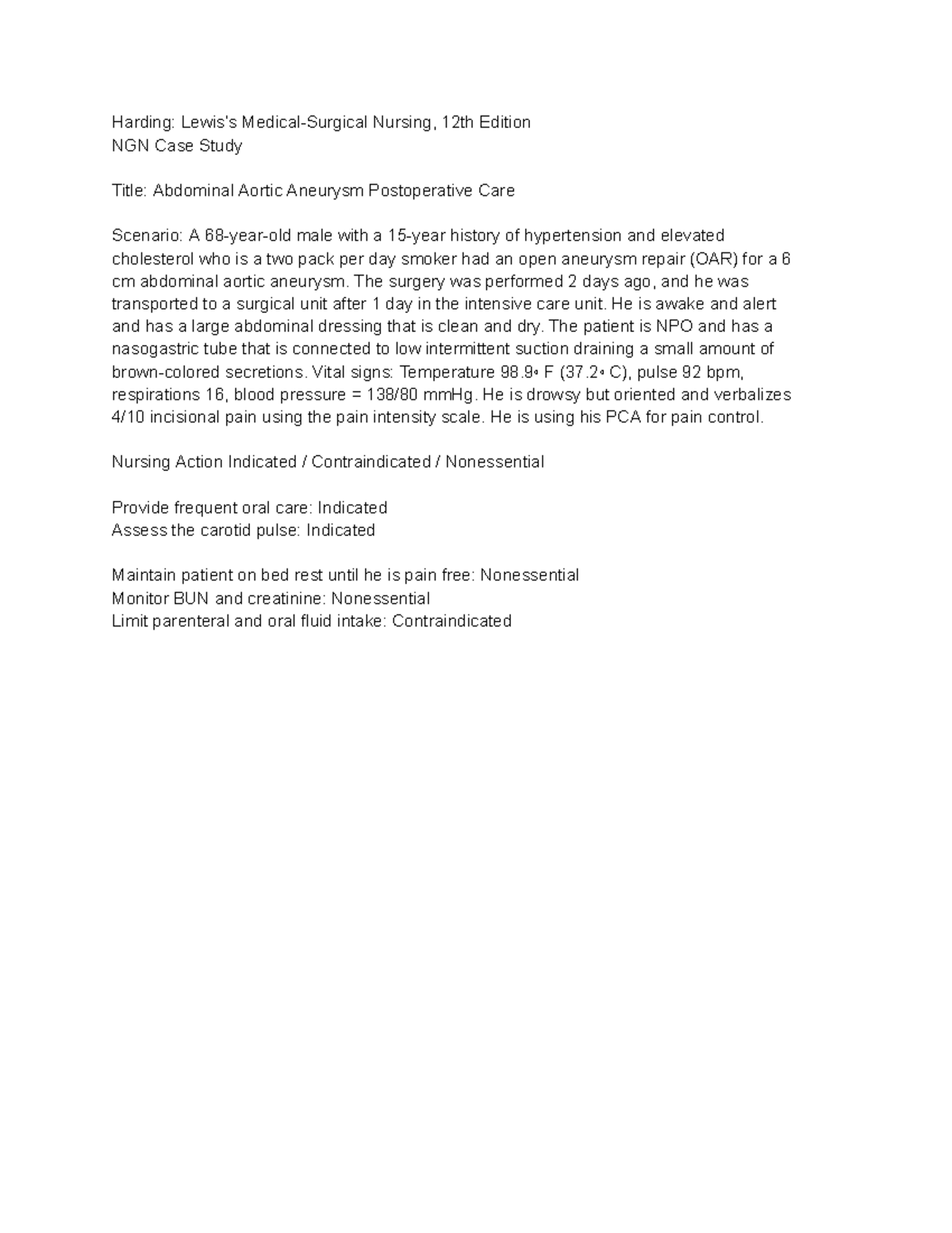 AAA casestudy - case study - Harding: Lewis’s Medical-Surgical Nursing, 12th Edition NGN Case ...