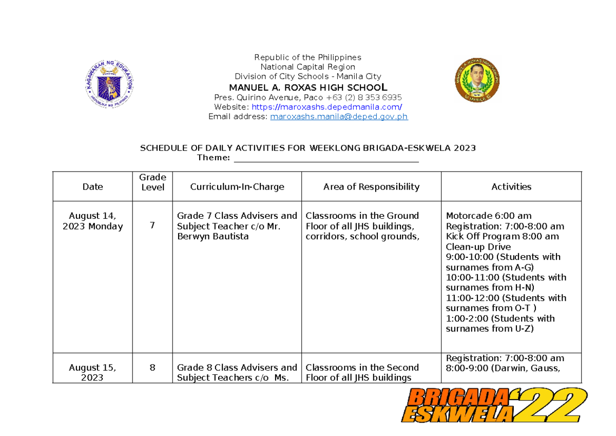 Schedule of Daily Activies for Brigada Eskwela 2022 - Republic of the ...