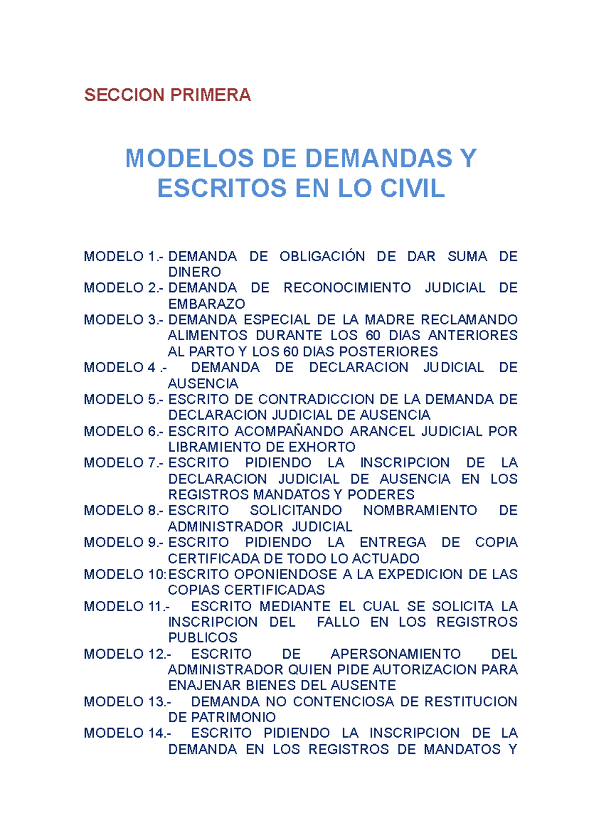 Modelos DE Escritos Y Demandas Civiles - SECCION PRIMERA MODELOS DE ...