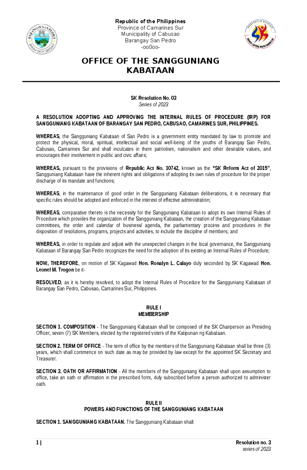 2023 03 Resolution IRP - for sk purposes - Republic of the Philippines Province of Camarines Sur ...