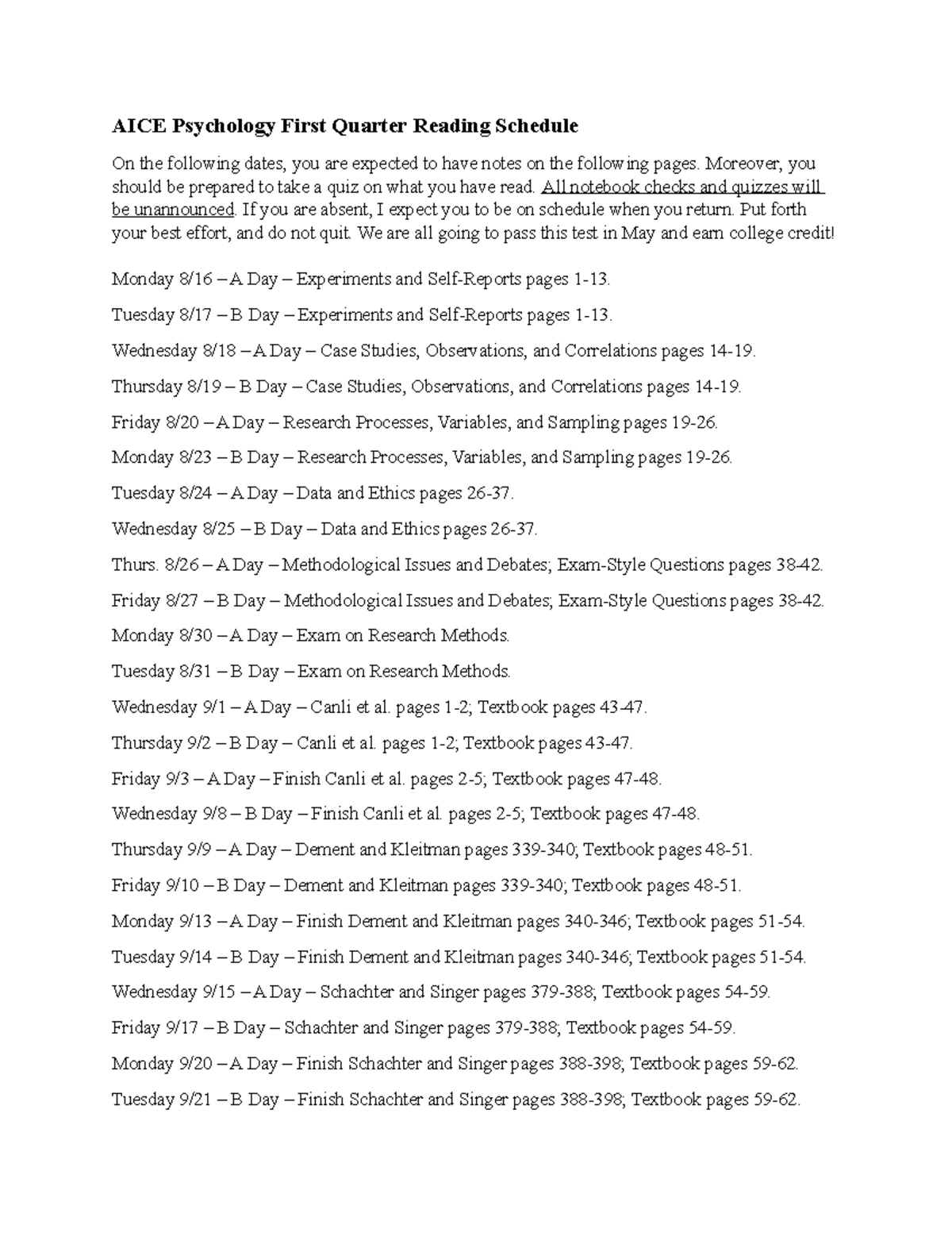 AICE Psychology First Quarter Reading Schedule 2021-22 - AICE ...