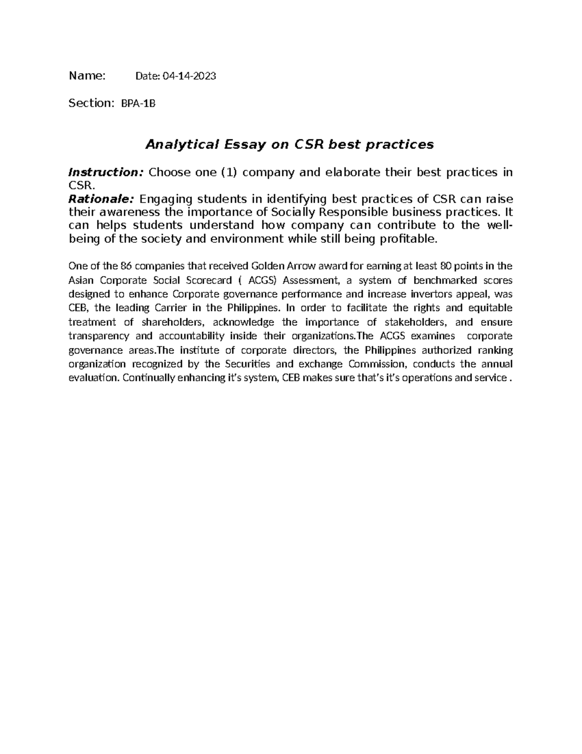 Analytical-Essay-CSR-best-practices - Name: Date: 04-14- Section: BPA ...