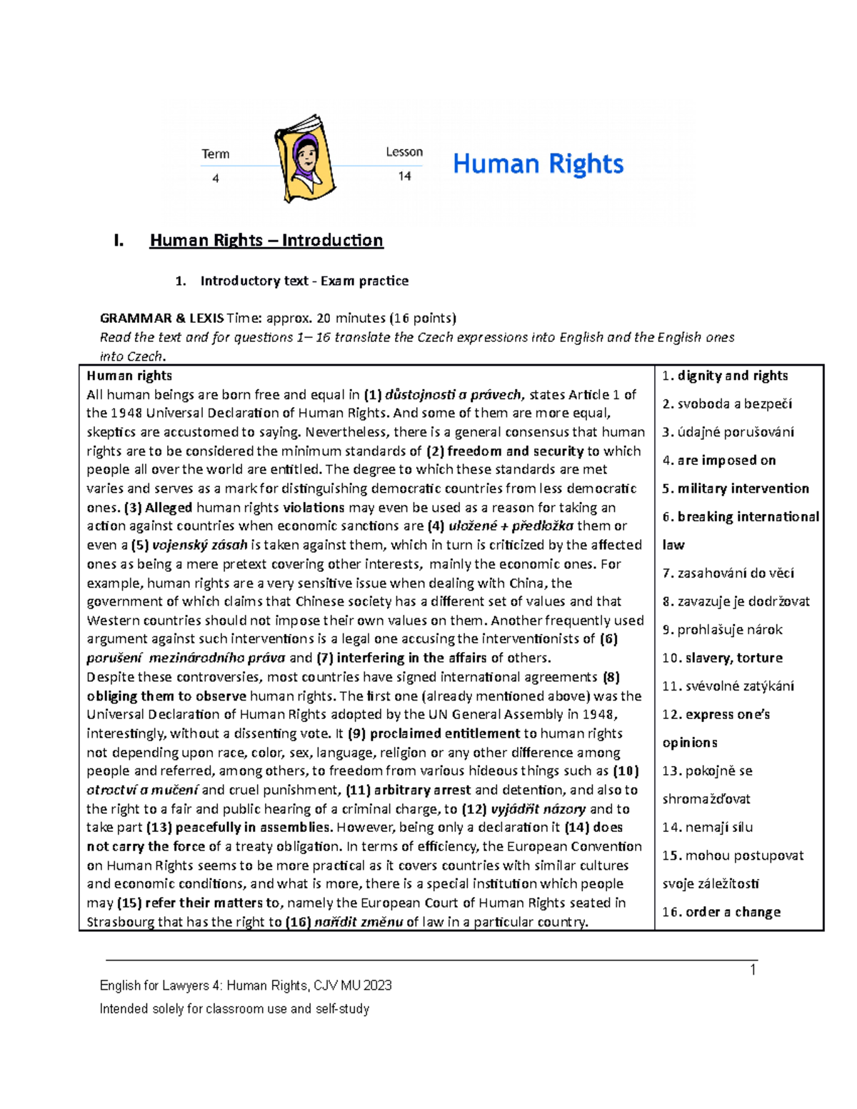Lesson 14 Human Rights - I. Human Rights – Introduction Introductory ...