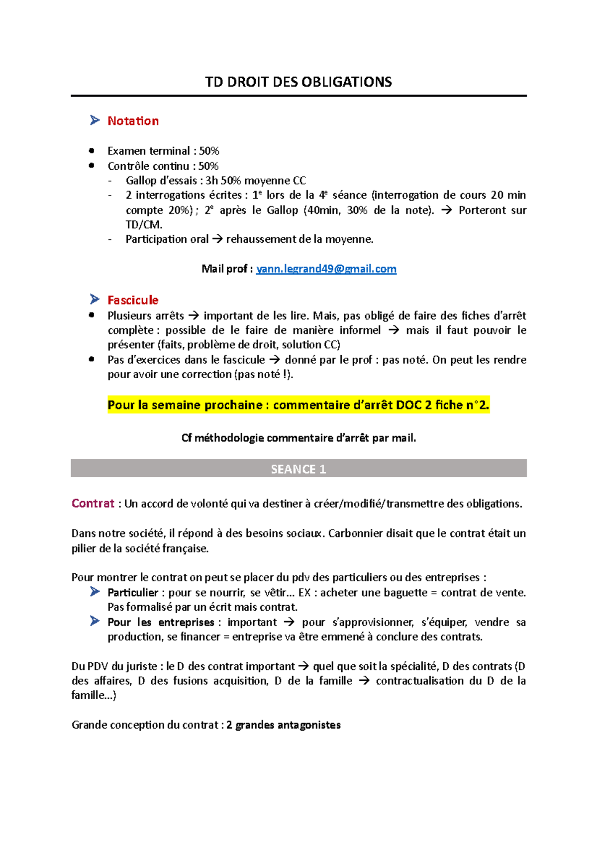 TD Droit DES Obligations - TD DROIT DES OBLIGATIONS Notation Examen terminal : Contrôle continu ...