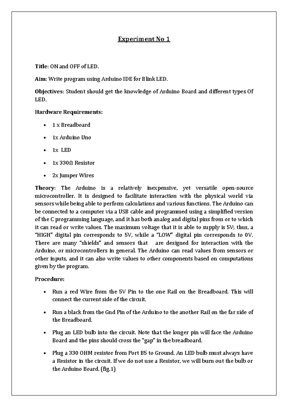 IOT lab manual 1,2 - Experiment No 1 Title: ON and OFF of LED. Aim: Write program using Arduino ...