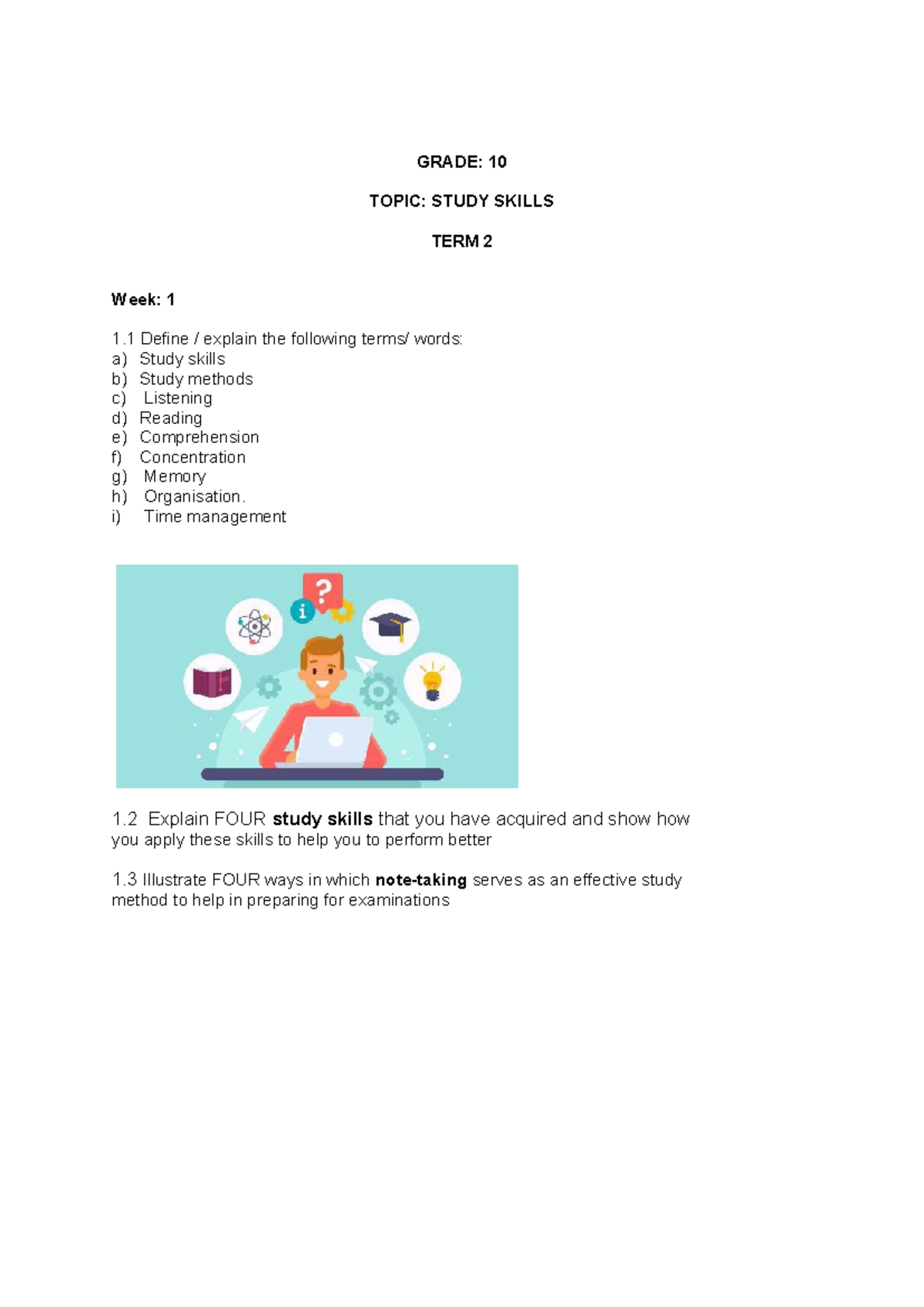 LO Worksheets Grade 10 TERM 2 WEEK 1-3 - GRADE: 10 TOPIC: STUDY SKILLS ...