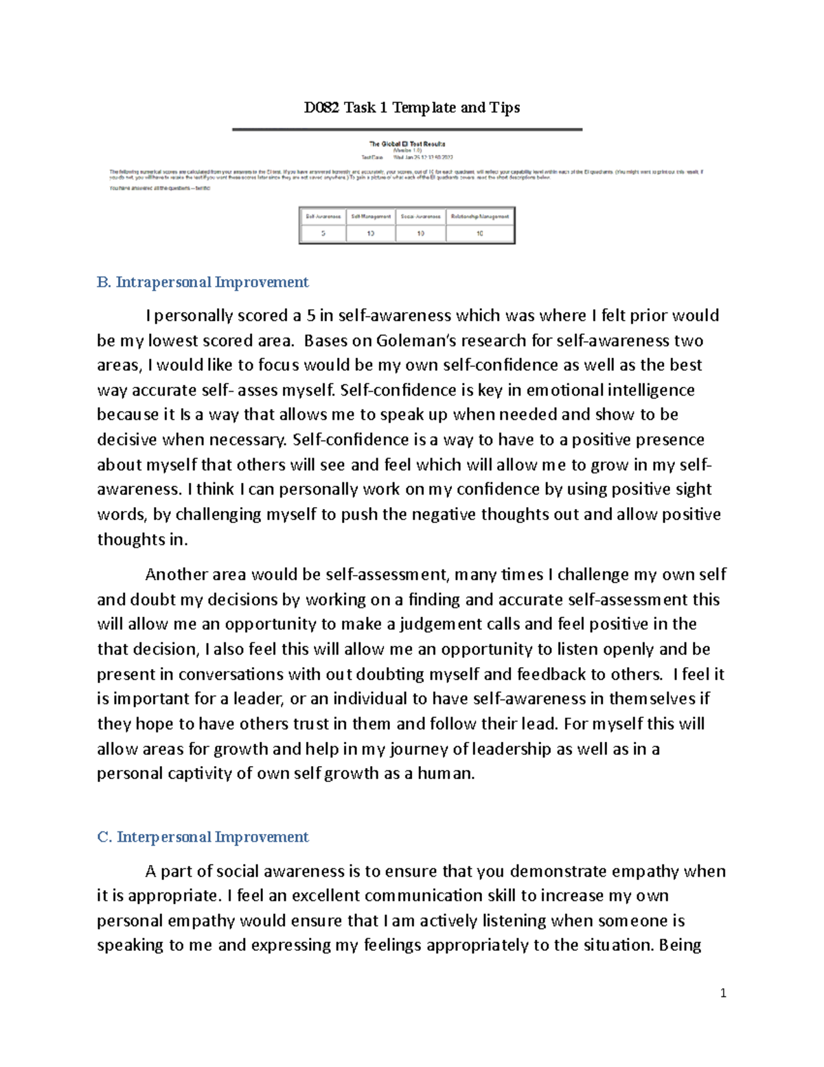 D082 Task 1 Assignment - D082 Task 1 Template and Tips B. Intrapersonal Improvement I personally ...