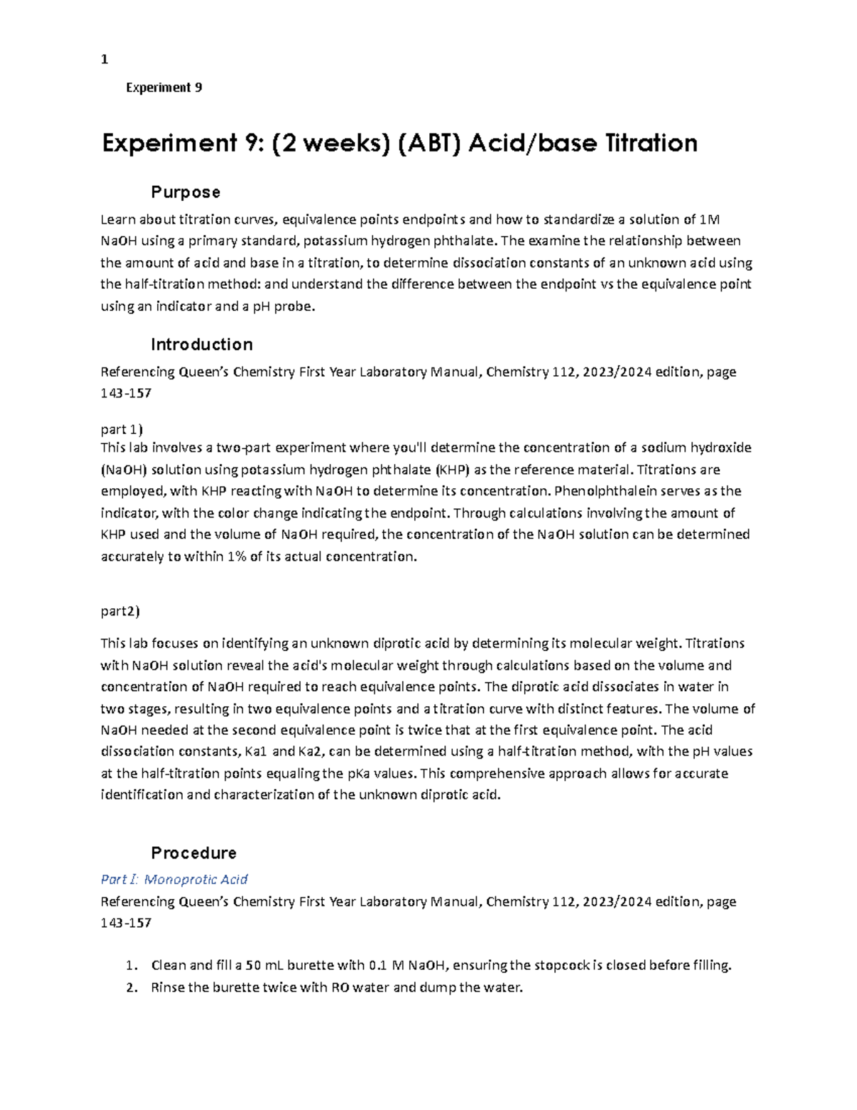 Nathaniel Sun Acid Base Titration - Experiment 9 Experiment 9: (2 weeks ...