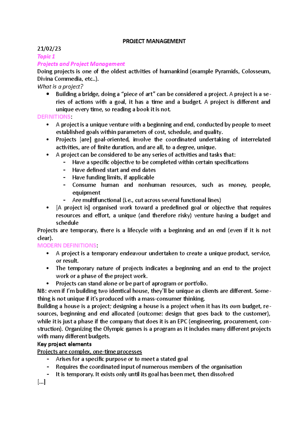 Project Management - PROJECT MANAGEMENT 21/02/ Topic 1 Projects and ...