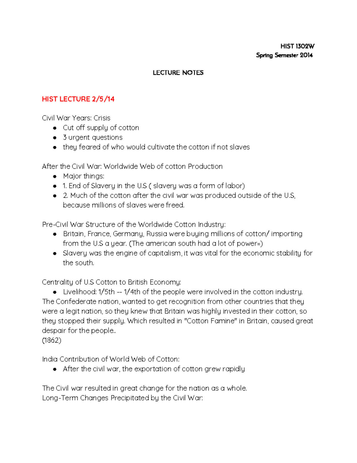 HIST 1302W - Lecture Notes - HIST 1302 W Spring Semester 2014 LECTURE ...