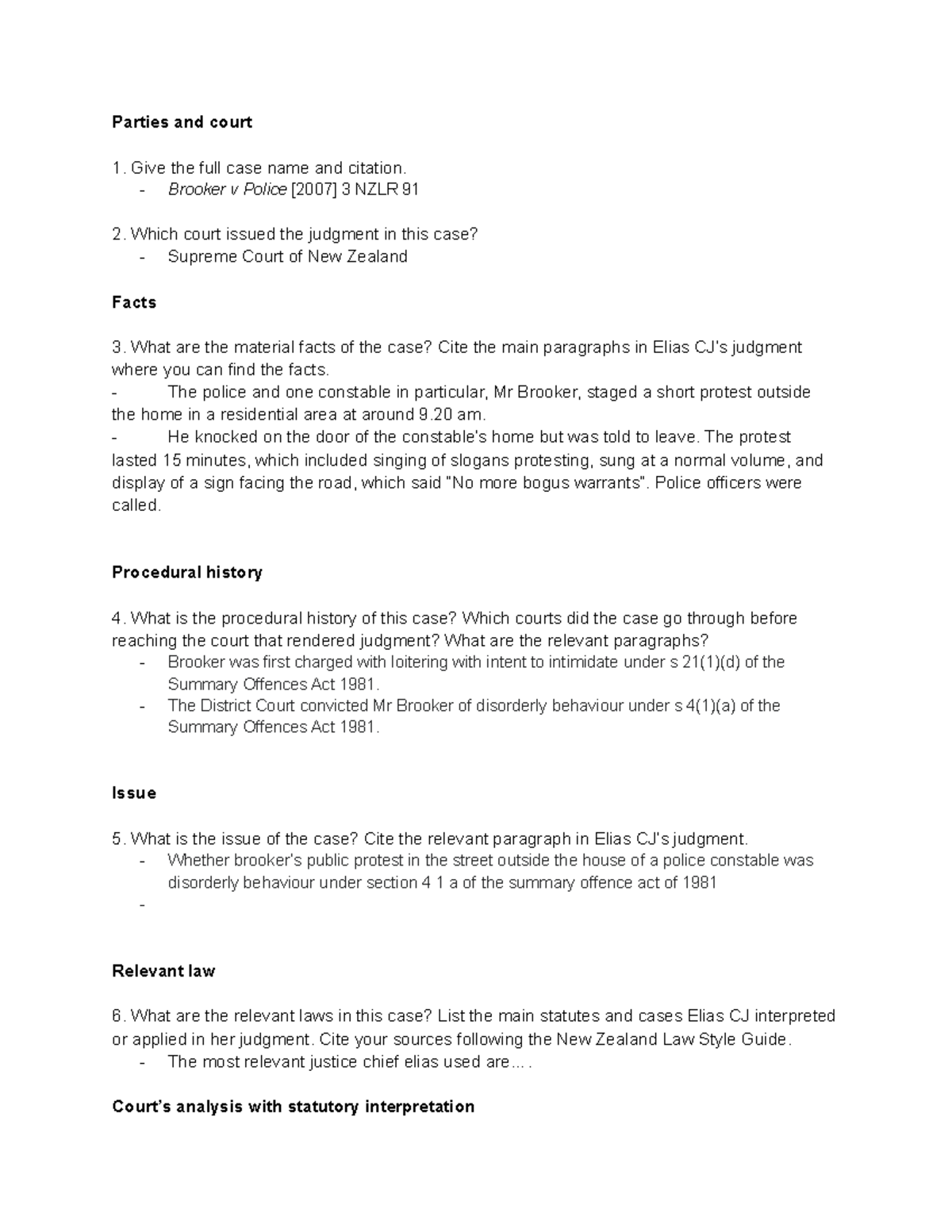 Statutory Interpretation practice - Parties and court Give the full ...