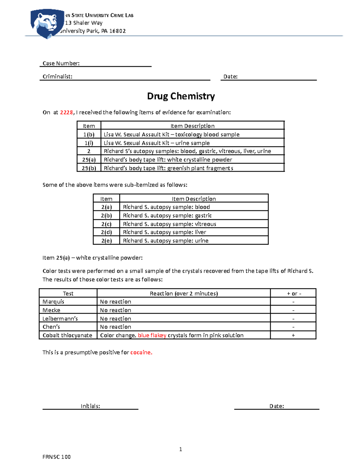 Case Notes - Drug Chem and Tox-1.docx - PENN STATE UNIVERSITY CRIME LAB ...