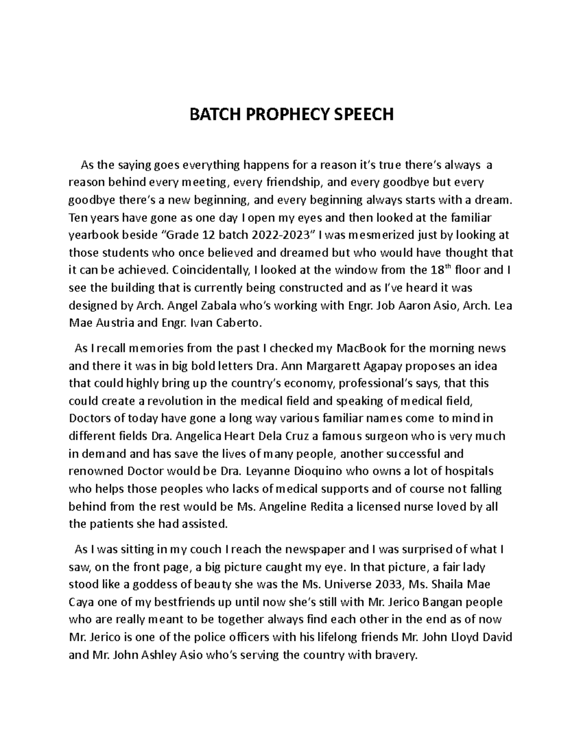 Batch Prophecy Speech - BATCH PROPHECY SPEECH As the saying goes everything happens for a reason ...