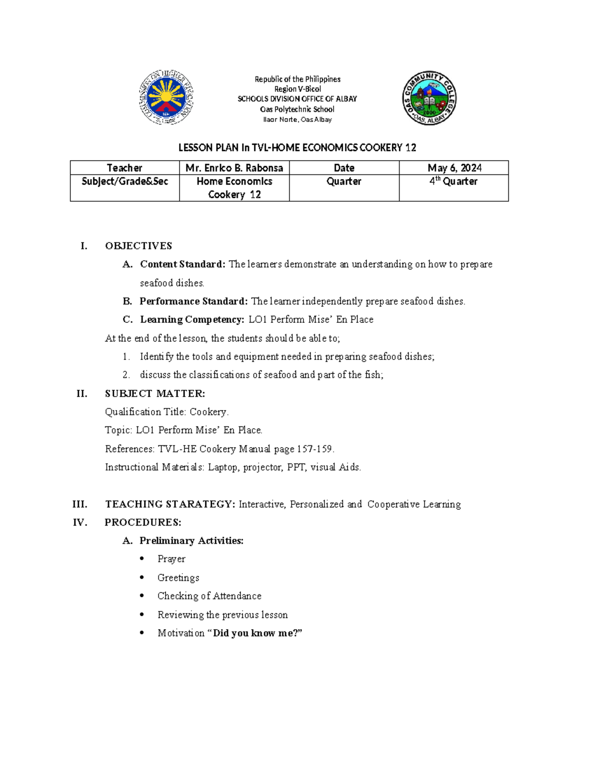 Lesson PLAN in TVL - THIS IS ALL ABOUT COOKERY - LESSON PLAN in TVL ...