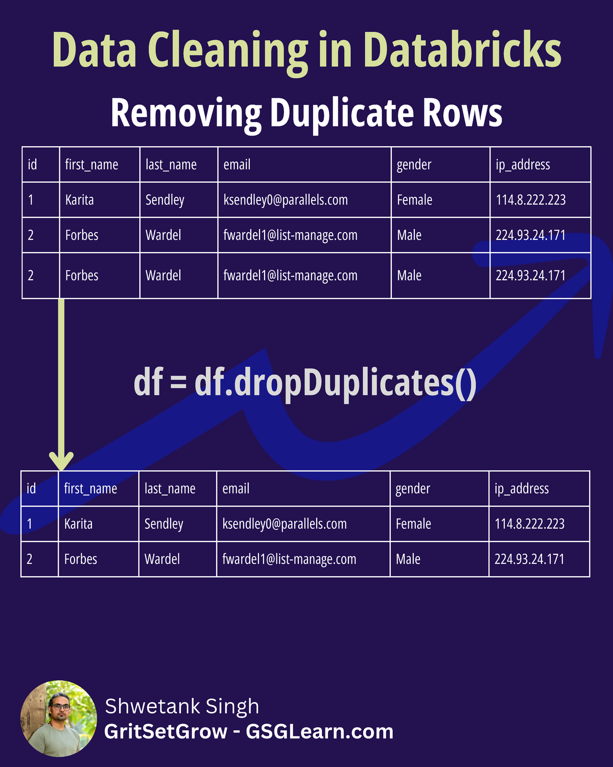 Data cleaning in Databricks - id first_name last_name email gender ip_address 1 Karita Sendley ...