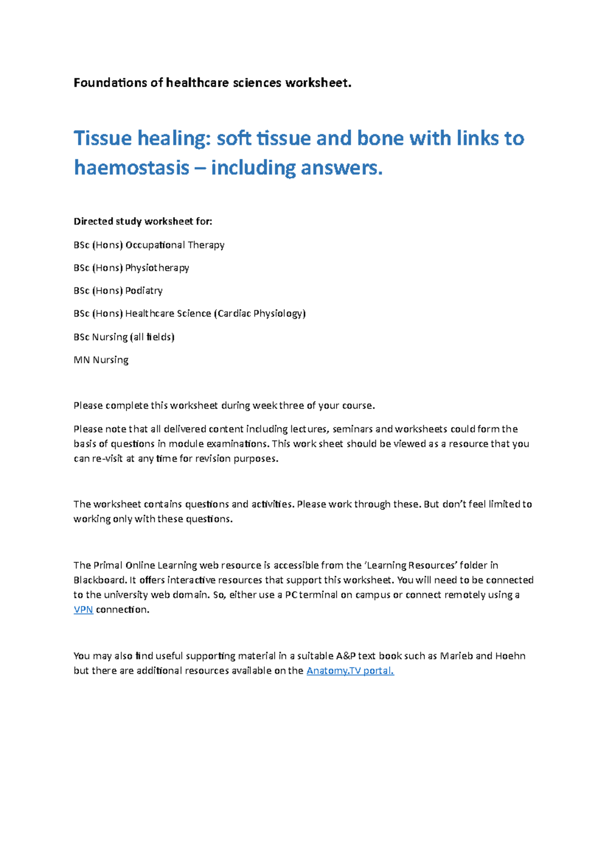 FHS worksheet Tissue Healing - ANS - Foundations of healthcare sciences ...