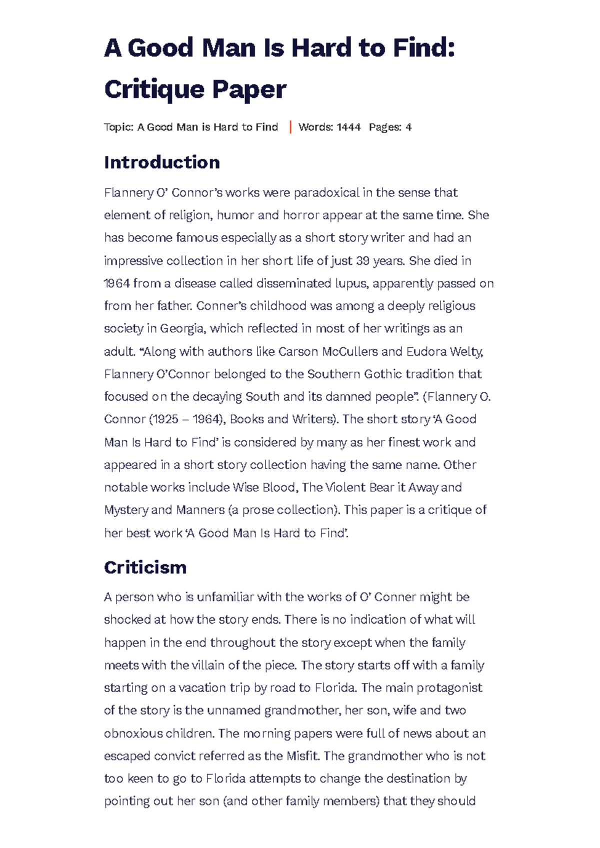 A Good Man Is Hard to Find Critique Paper Free Essay Example - A Good ...