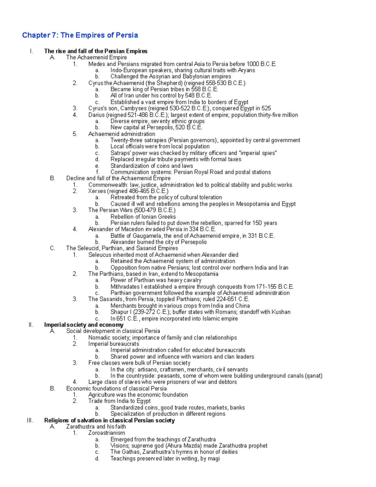 Ch7Outline- Notes for chapter 7 - Chapter 7: The Empires of Persia I ...
