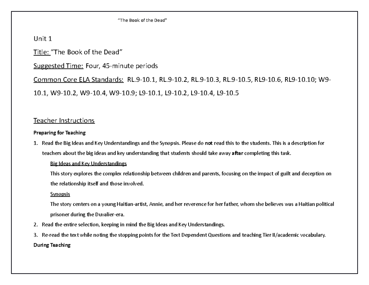 10. The Book of the Dead. lesson - Story - Unit 1 Title: “The Book of ...