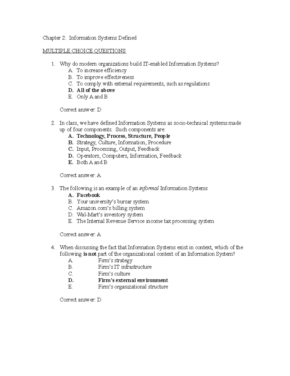 Chapter02-01 Test Questions - Chapter 2: Information Systems Defined ...