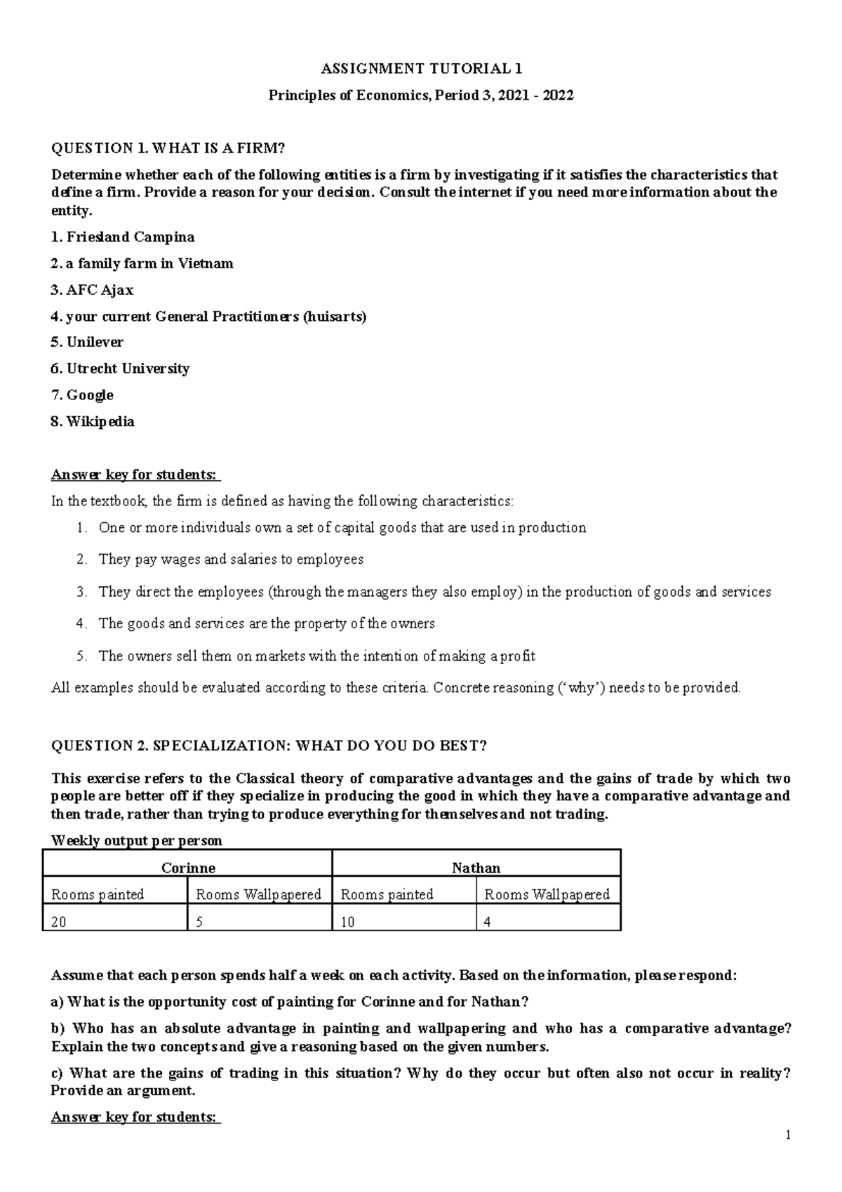Assignment Tutorial 1 Answer Model Principles Of Economics Assignment Tutorial 1 Principles Of