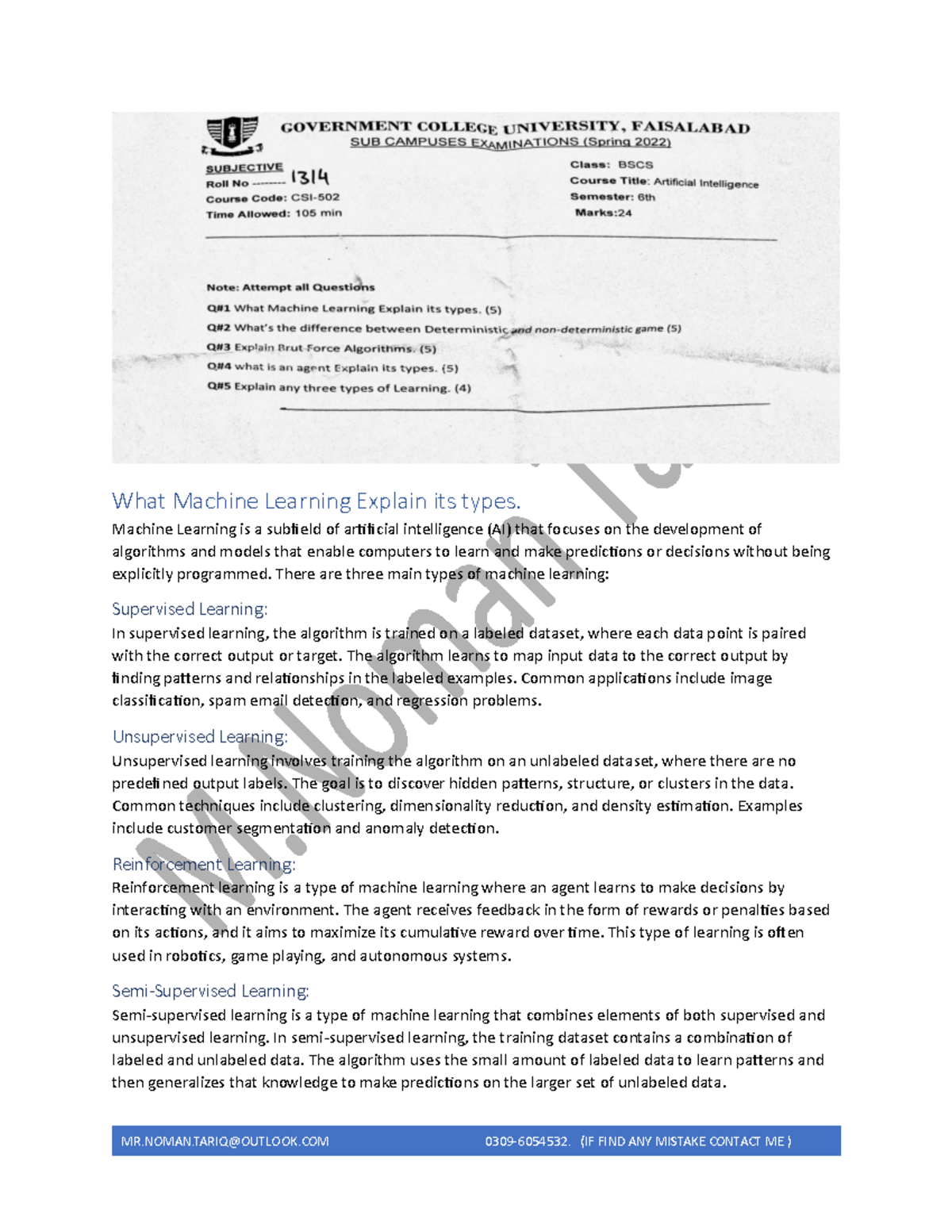 AI pastpaper solve by M.Noman Tariq - What Machine Learning Explain its ...