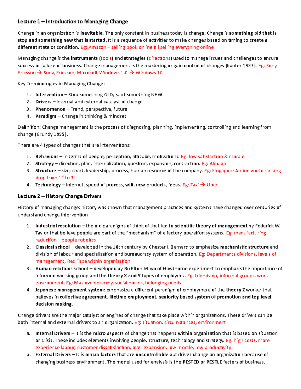 Lecture notes, all lectures - Lecture 1 Introduction to Managing Change ...