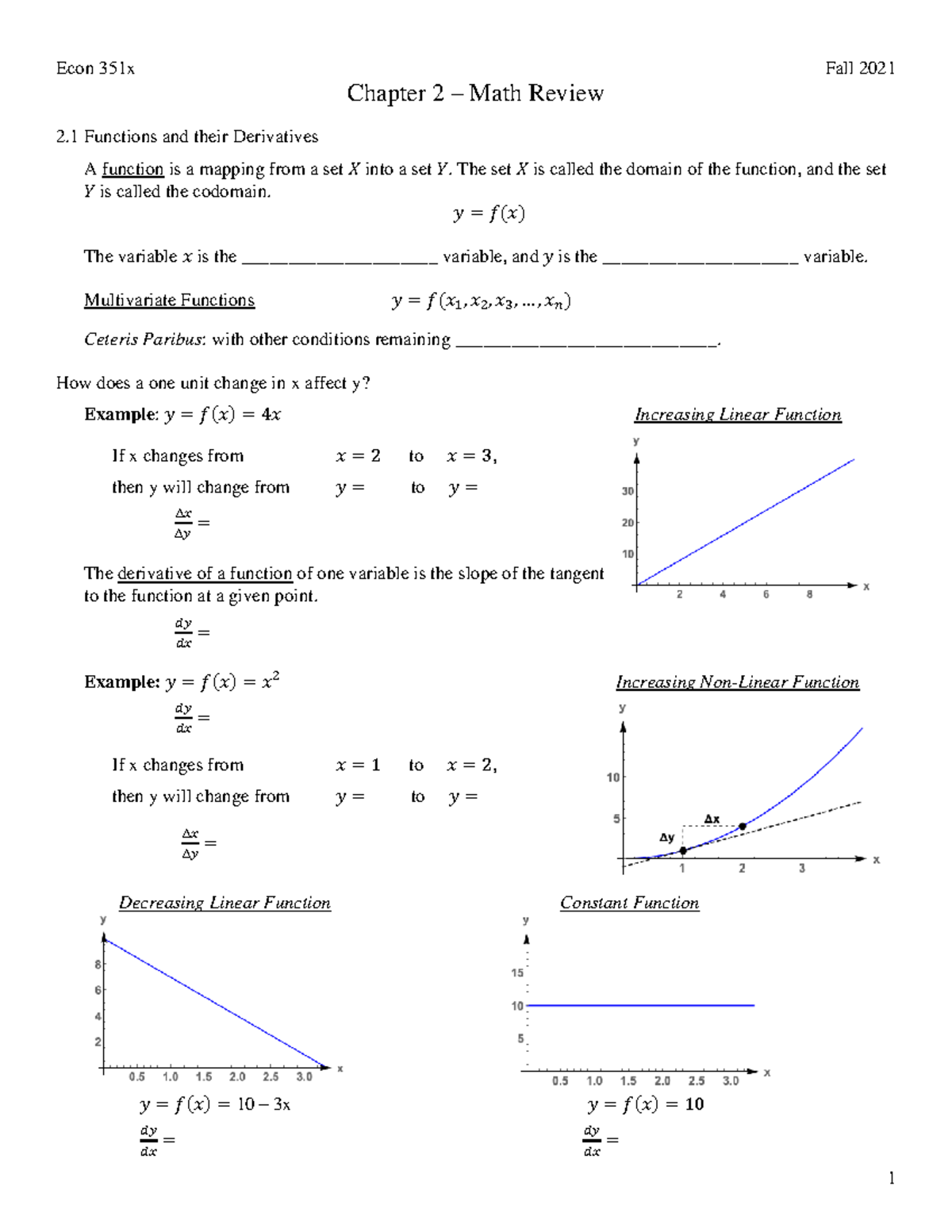 Econ 351 guided notes math review - Chapter 2 – Math Review 2 Functions ...