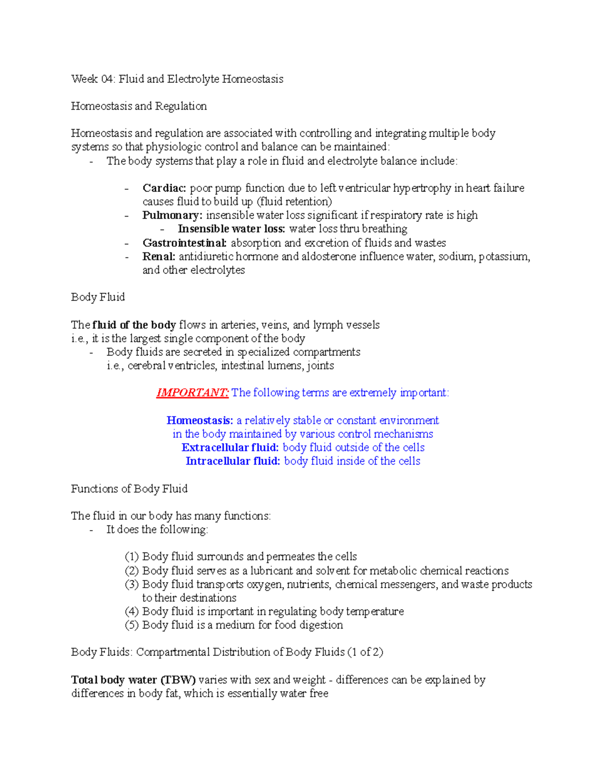 Week 4 Study Session Fluid and Electrolyte Balance - Week 04: Fluid and ...