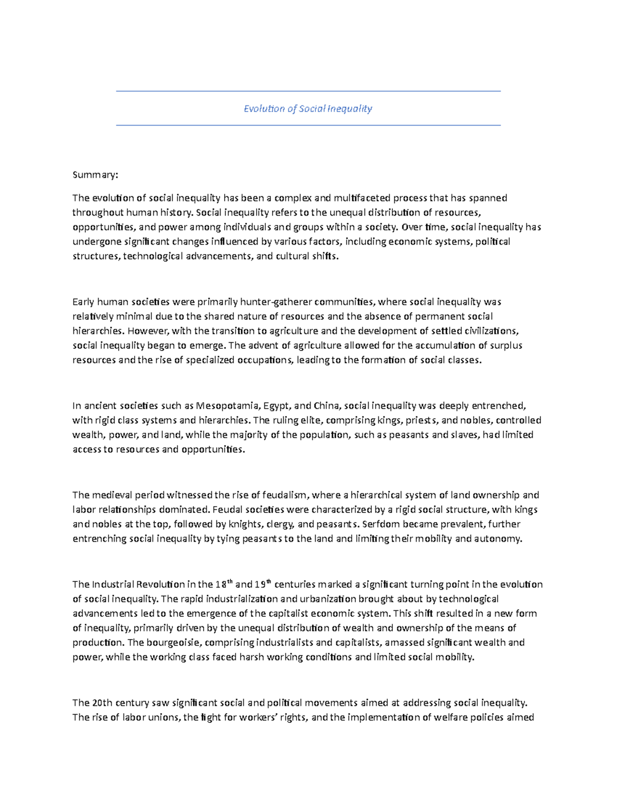 Evolution of Social Inequality (Summary) - Evolution of Social ...