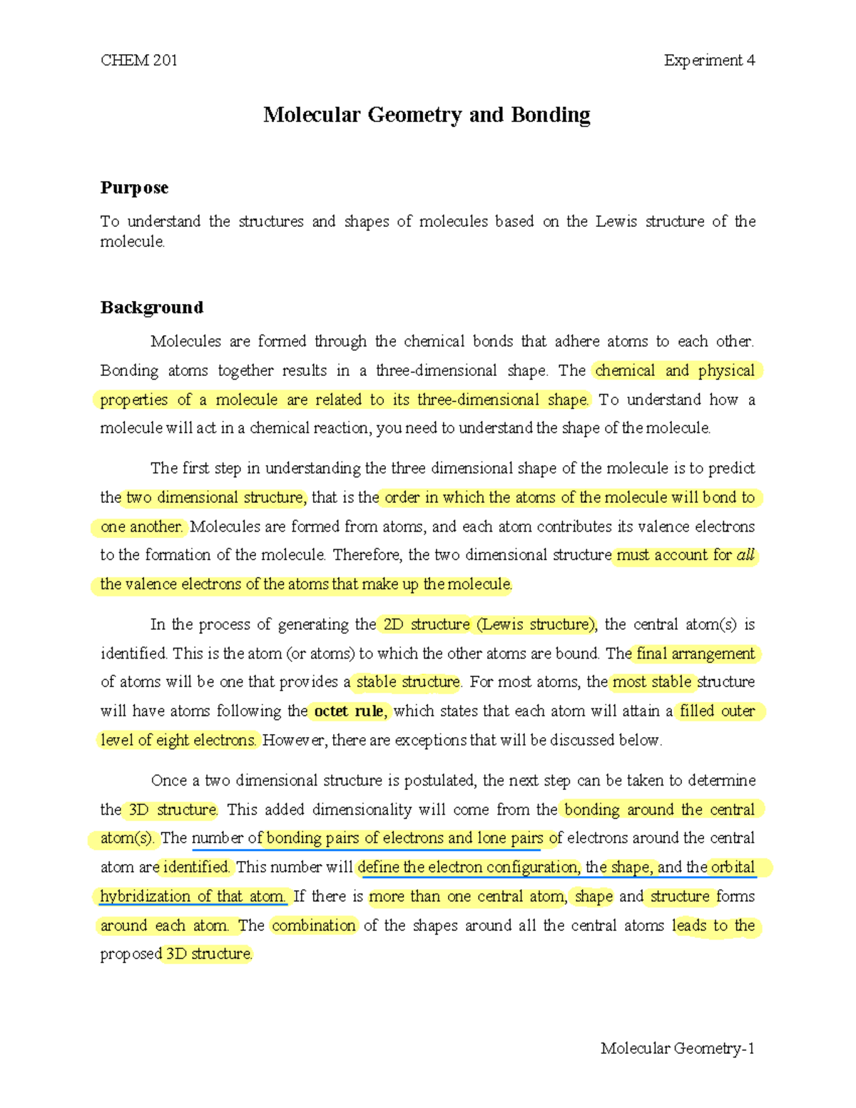 Molecular Geometry - Lab 4 Fall 2021 - Molecular Geometry and Bonding ...