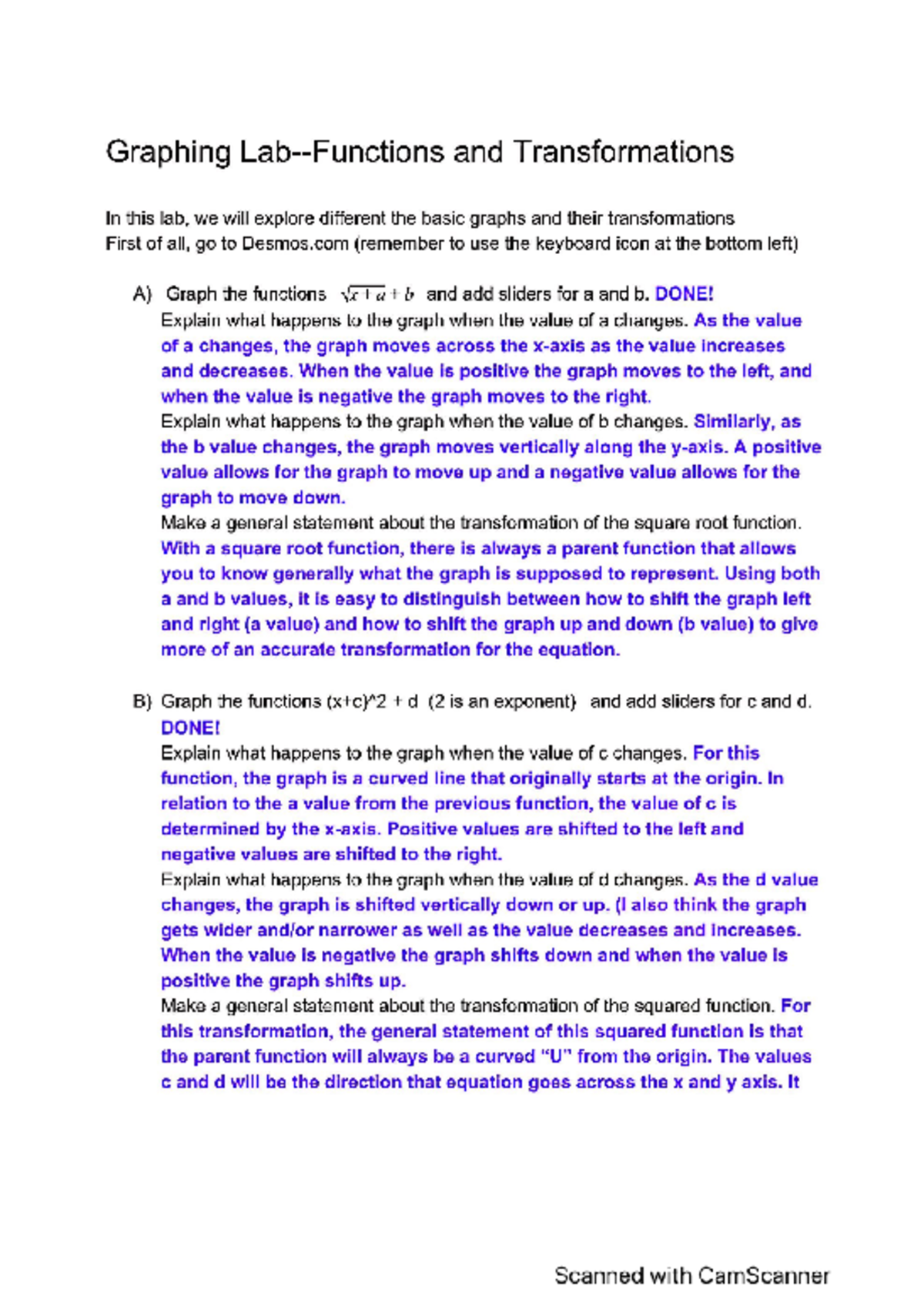 Graphs of Function (Transformations) - Graphing and Transformations In this lab, we will explore ...