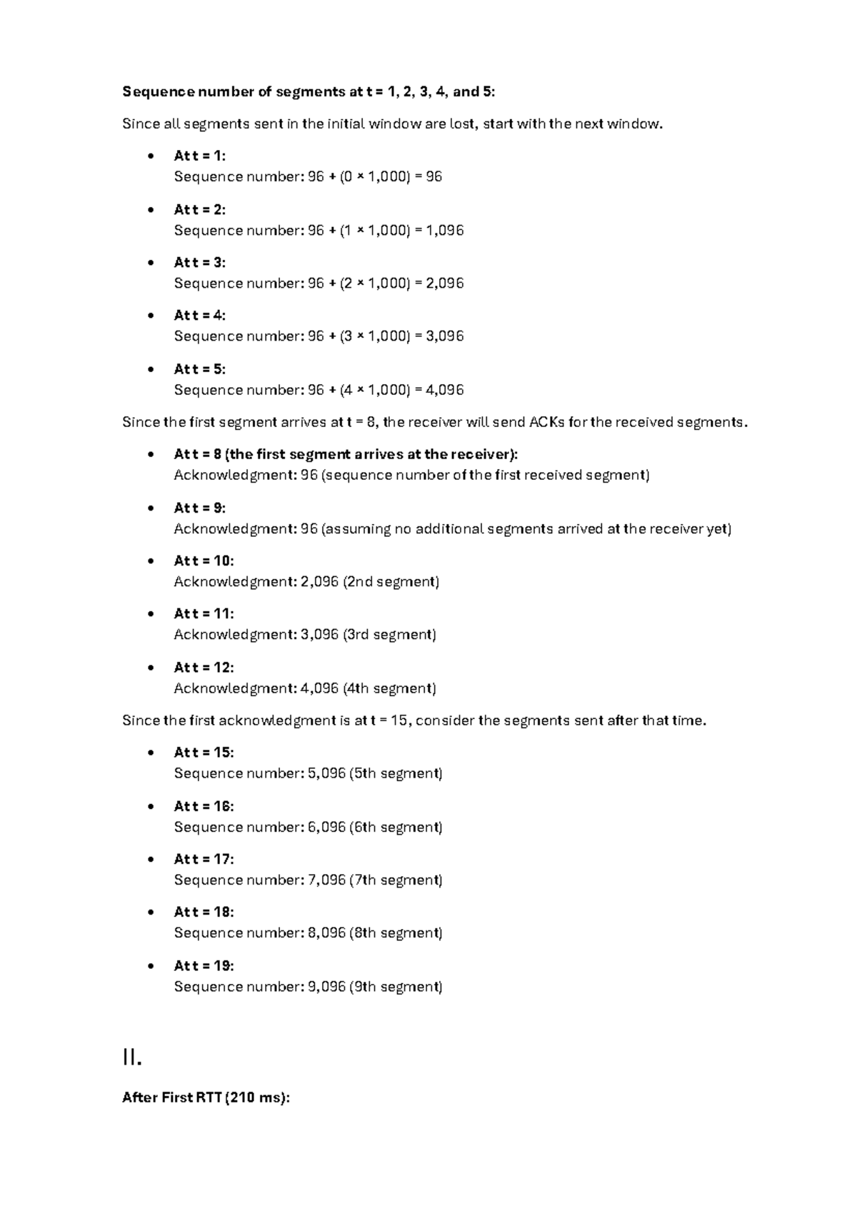 Computer Network Quizzes - Sequence number of segments at t = 1, 2, 3 ...