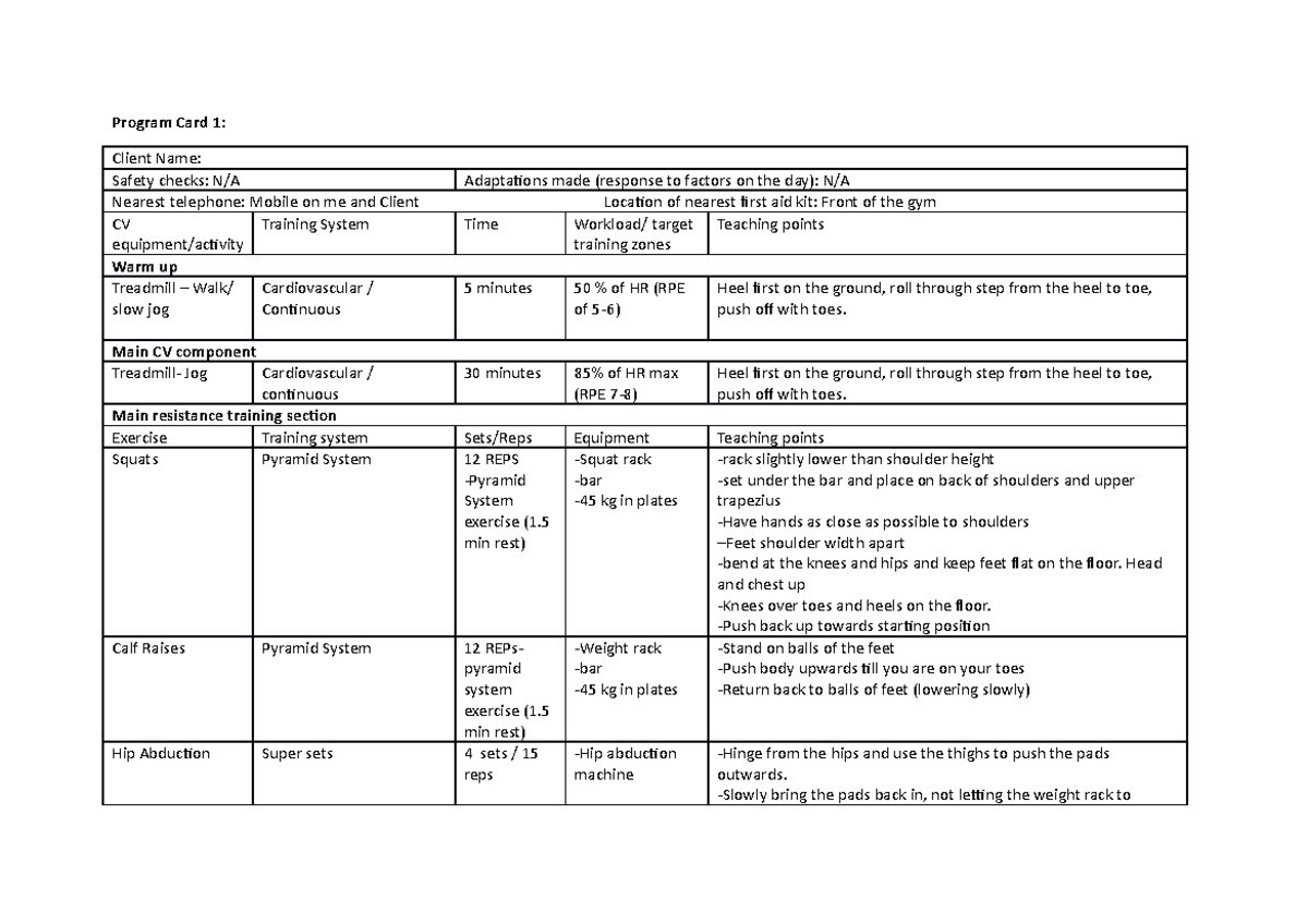Program Cards level 3 - Program Card 1: Client Name: Safety checks: N/A ...