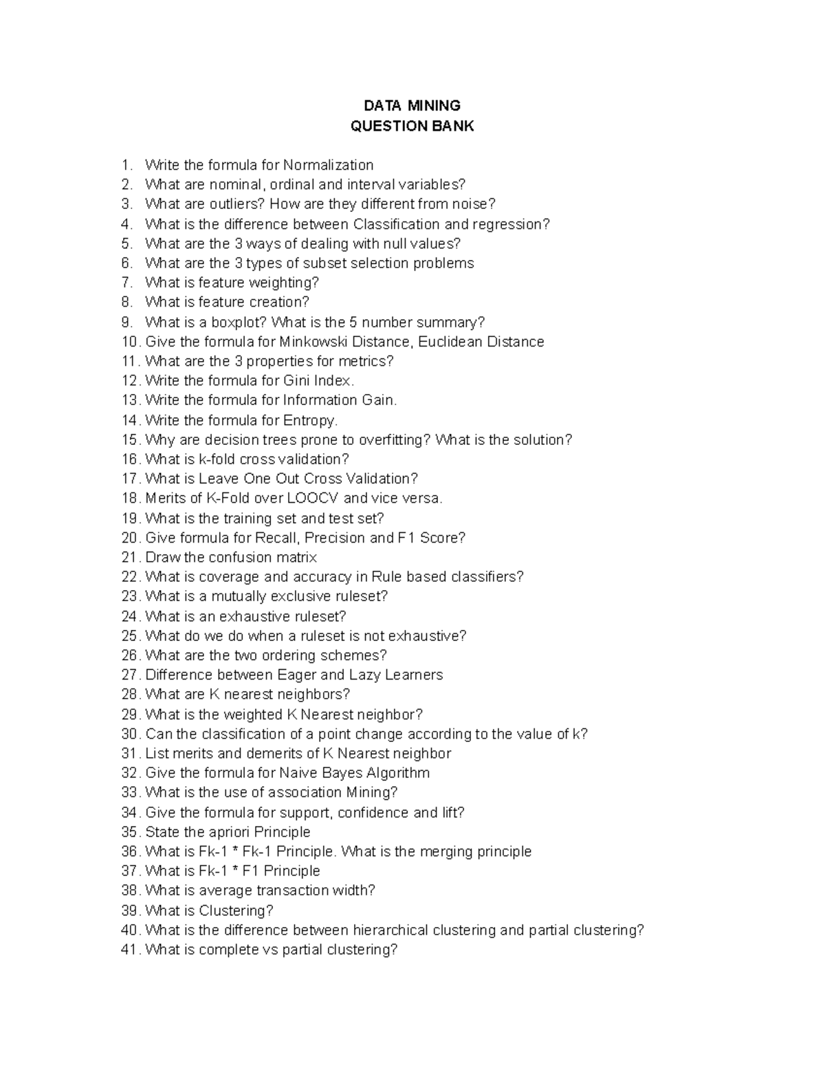 DATA Mining - Question Bank for Viva - DATA MINING QUESTION BANK Write the formula for ...