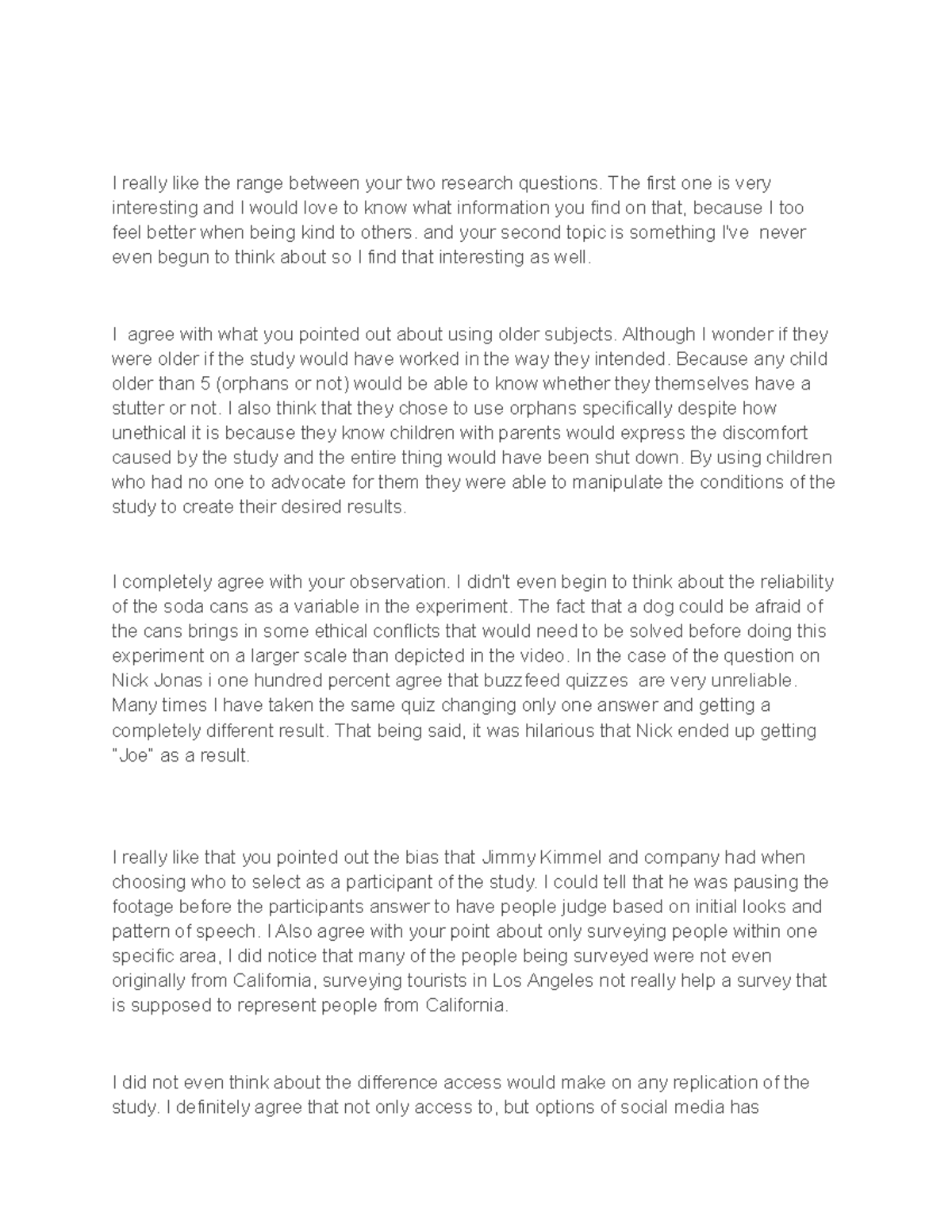 discussion responses - I really like the range between your two ...