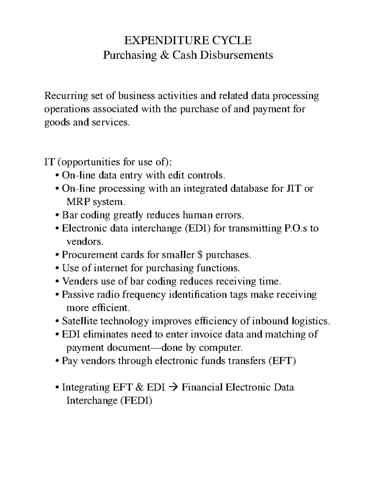 Expcycle - Copy - Lecture notes 2 - EXPENDITURE CYCLE Purchasing &amp ...