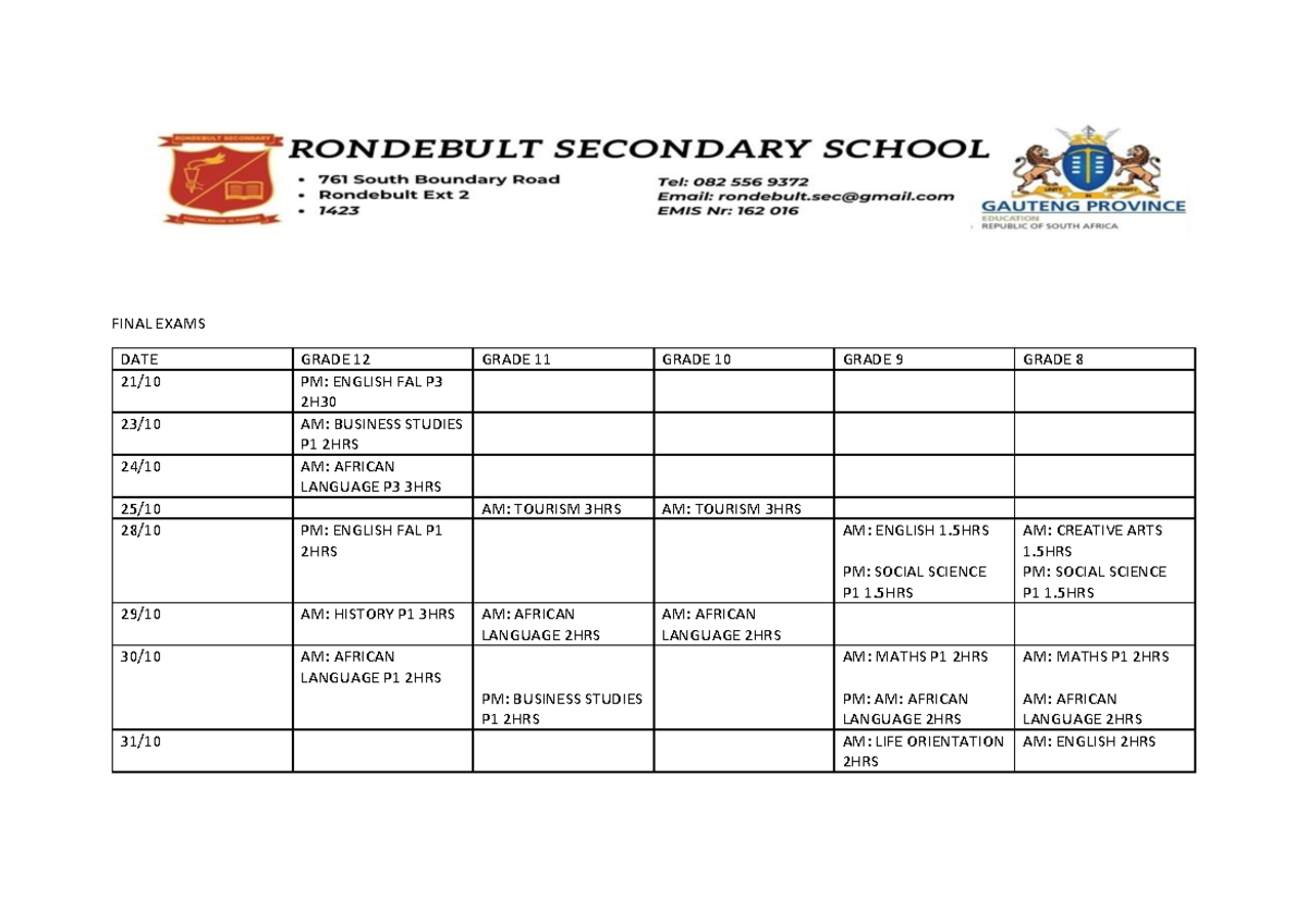 Final exams TIME Table 084622 - FINAL EXAMS DATE GRADE 12 GRADE 11 ...